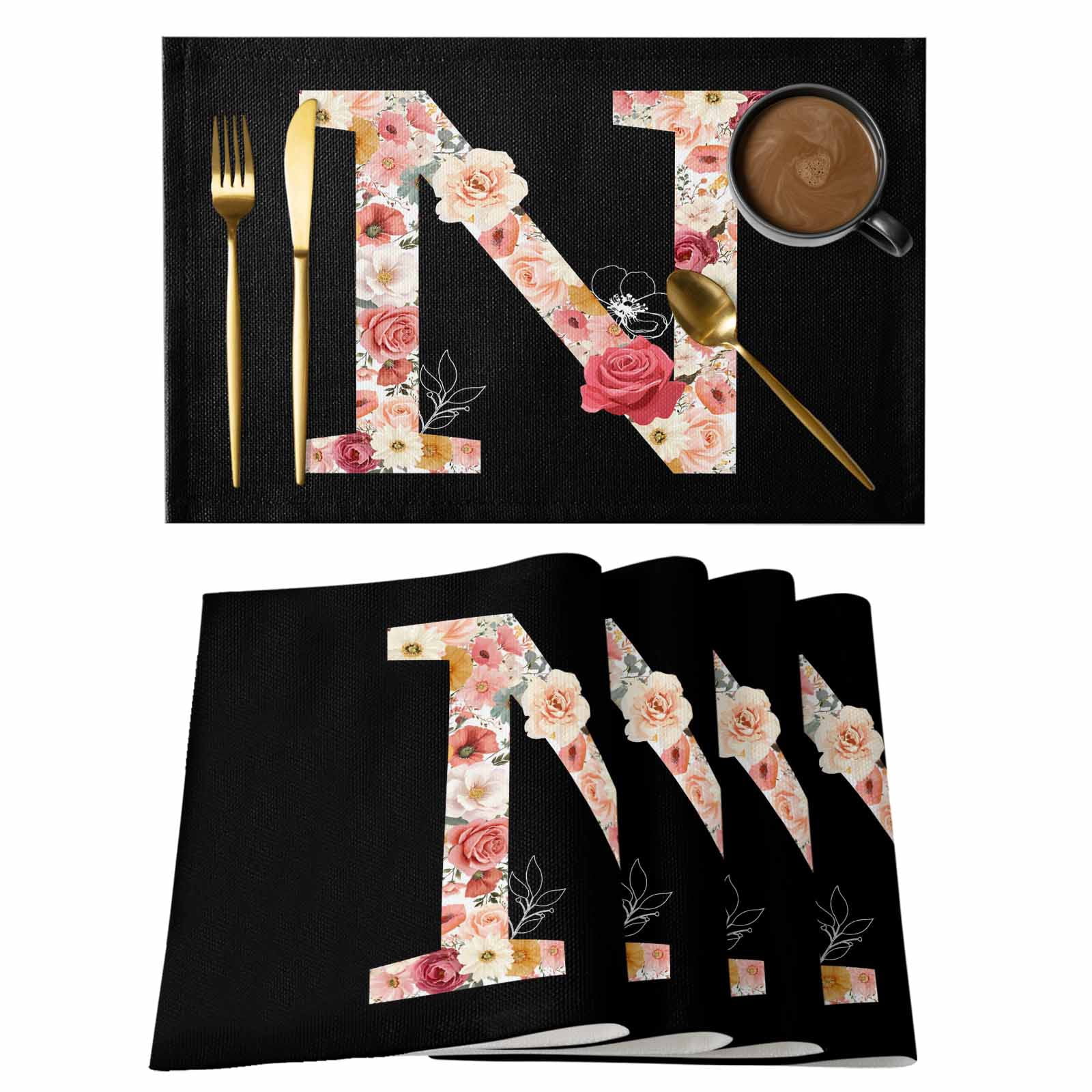 Black Letter N Flower Cotton Linen Placemats Set of 1, Watercolor ...