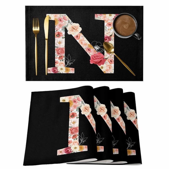 Black Letter N Flower Cotton Linen Placemats Set of 1, Watercolor ...