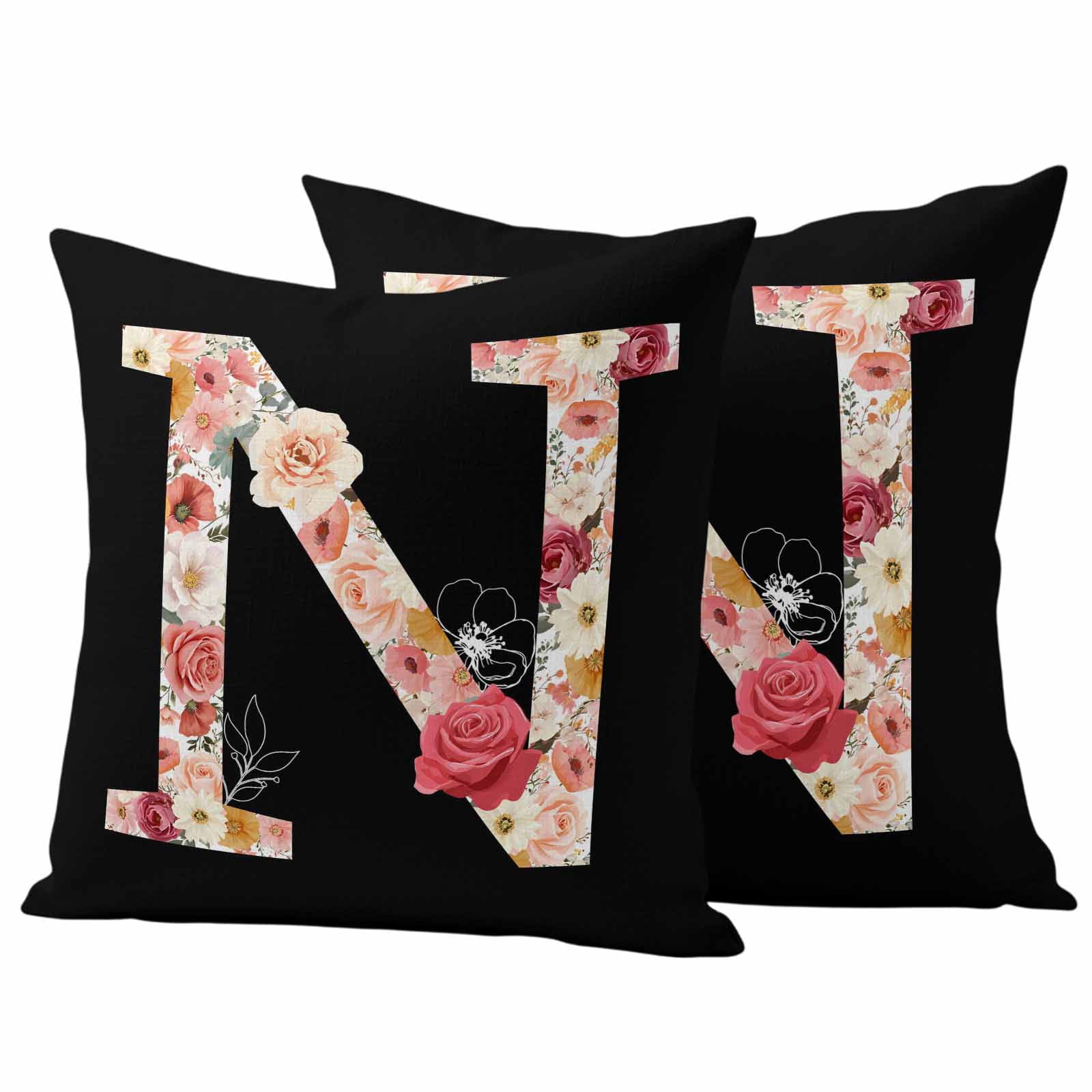 Black Letter N Flower Outdoor Pillow Covers Set of 2 Watercolor ...