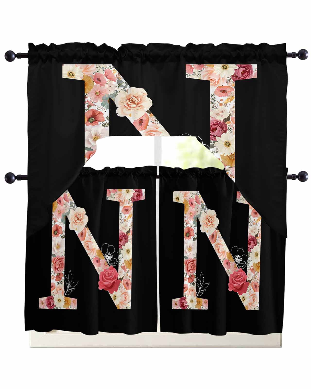 Black Letter N Flower Swag Valance for Window, 3 Piece Watercolor ...