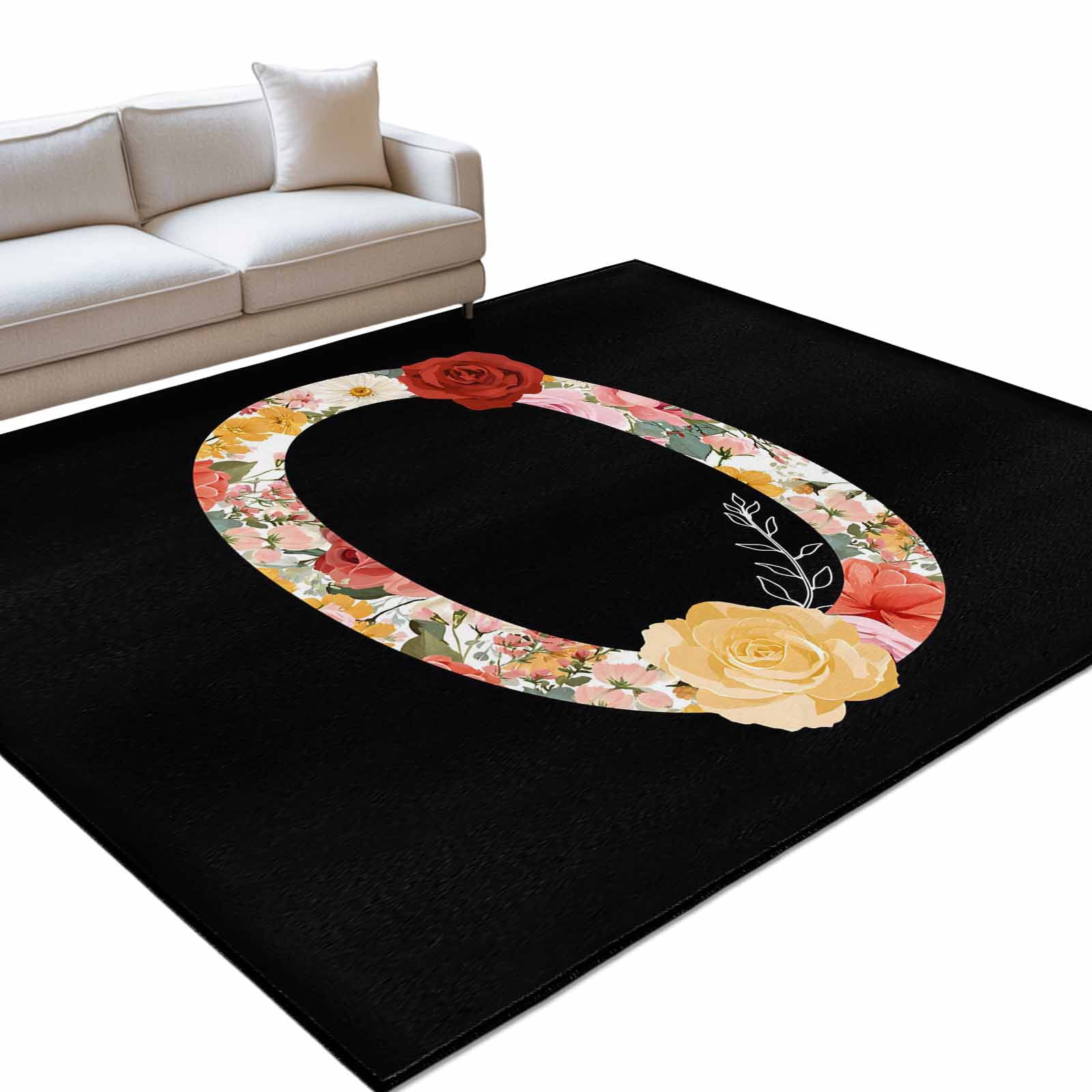 Black Letter O Flower 2.7x5ft Non Slip Area Rug Watercolor Alphabet O ...