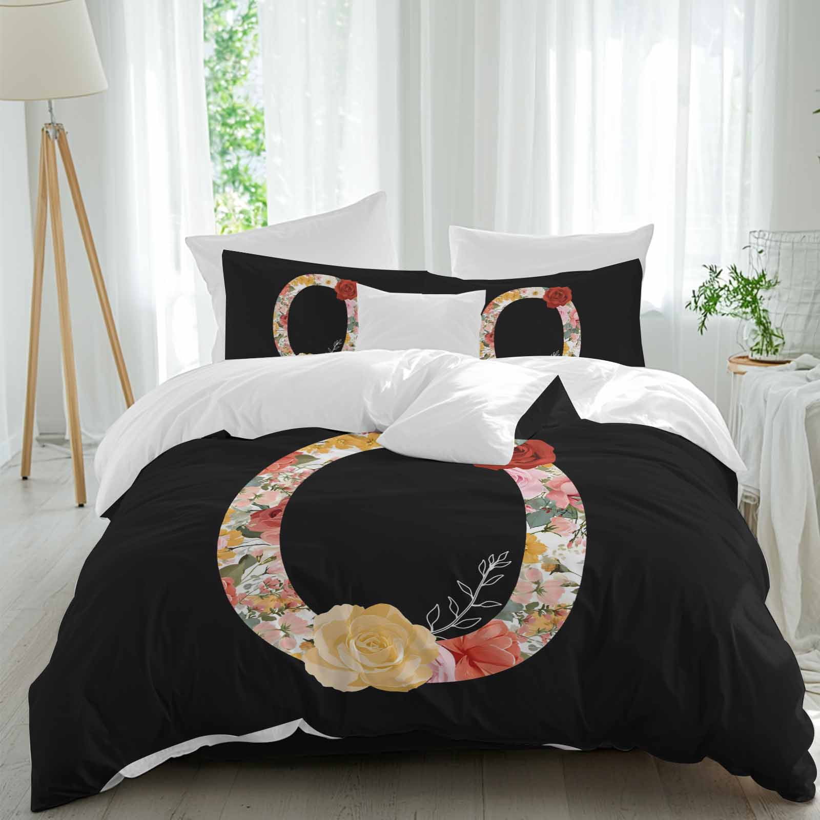Black Letter O Flower 4 Piece Duvet Cover Set Queen Size Watercolor ...