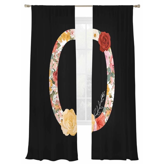 Black Letter O Flower Sheer Curtains 2 Panels Set Watercolor Alphabet O ...