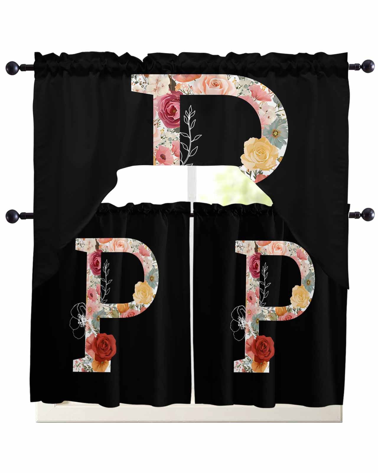 Black Letter P Flower Swag Valance for Window, 3 Piece Watercolor ...