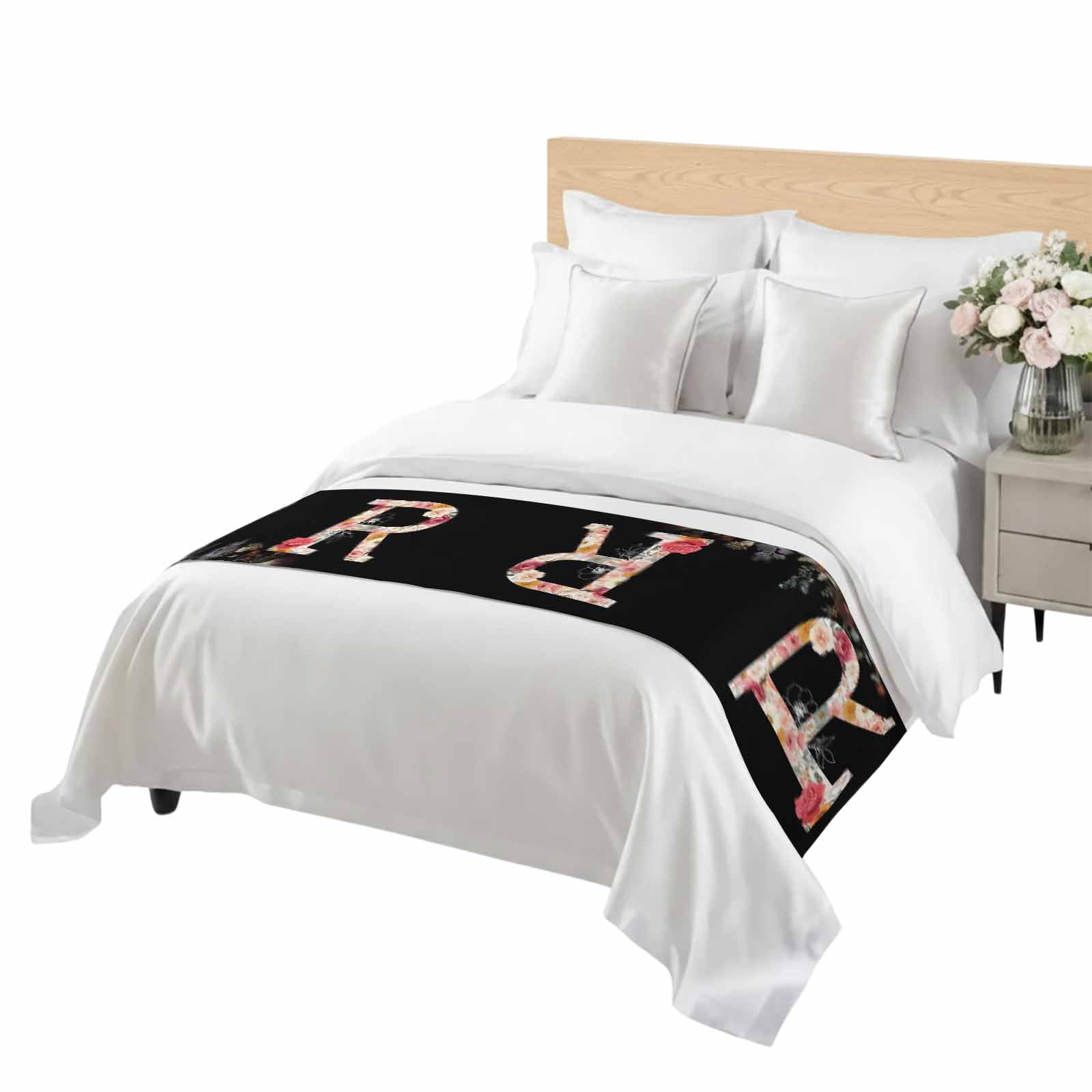 Black Letter R Flower Bed Runner Twin Size Watercolor Alphabet R Pink ...