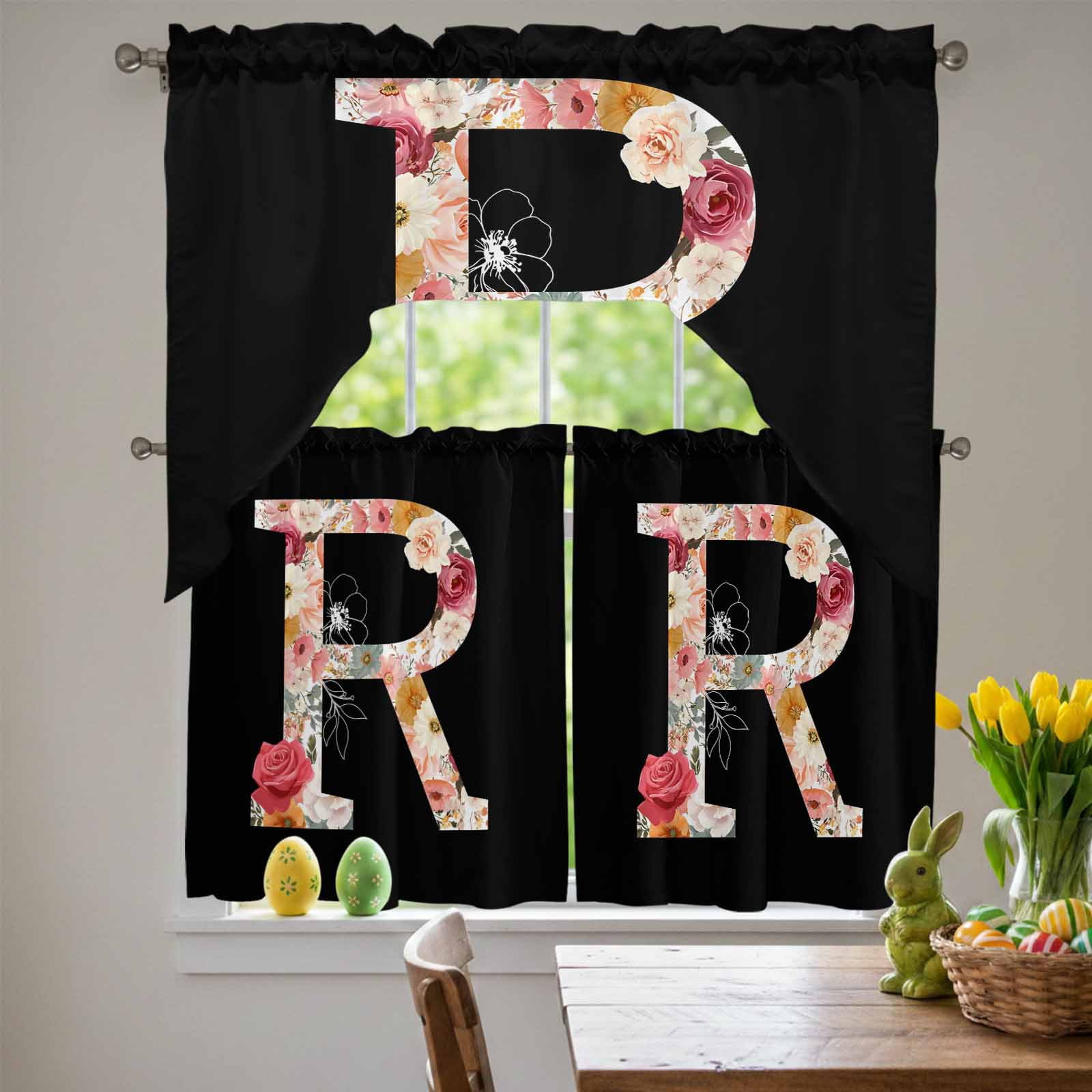 Black Letter R Flower Swag Curtains Valance & Tier Set, Watercolor ...