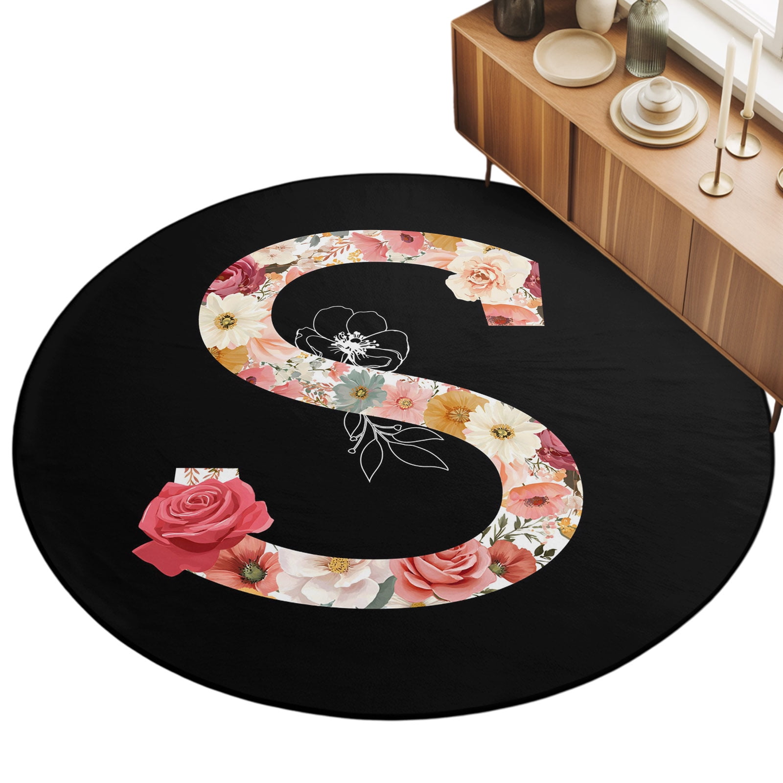 Black Letter S Flower 6ft Non Slip Round Area Rug Watercolor Alphabet S ...