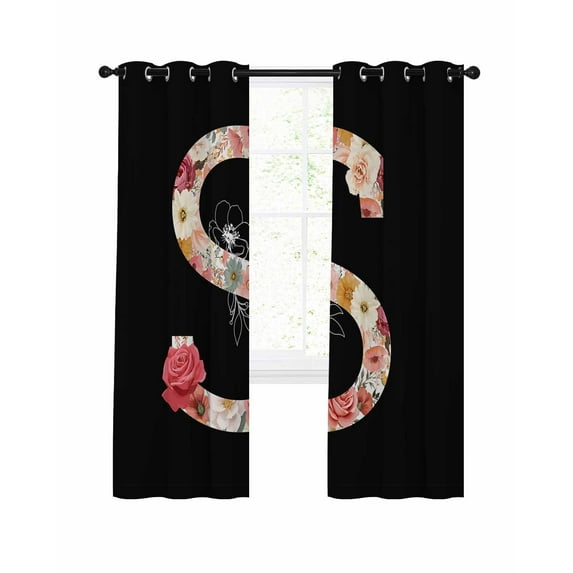 Black Letter S Flower Blackout Curtains for Bedroom Living Room ...