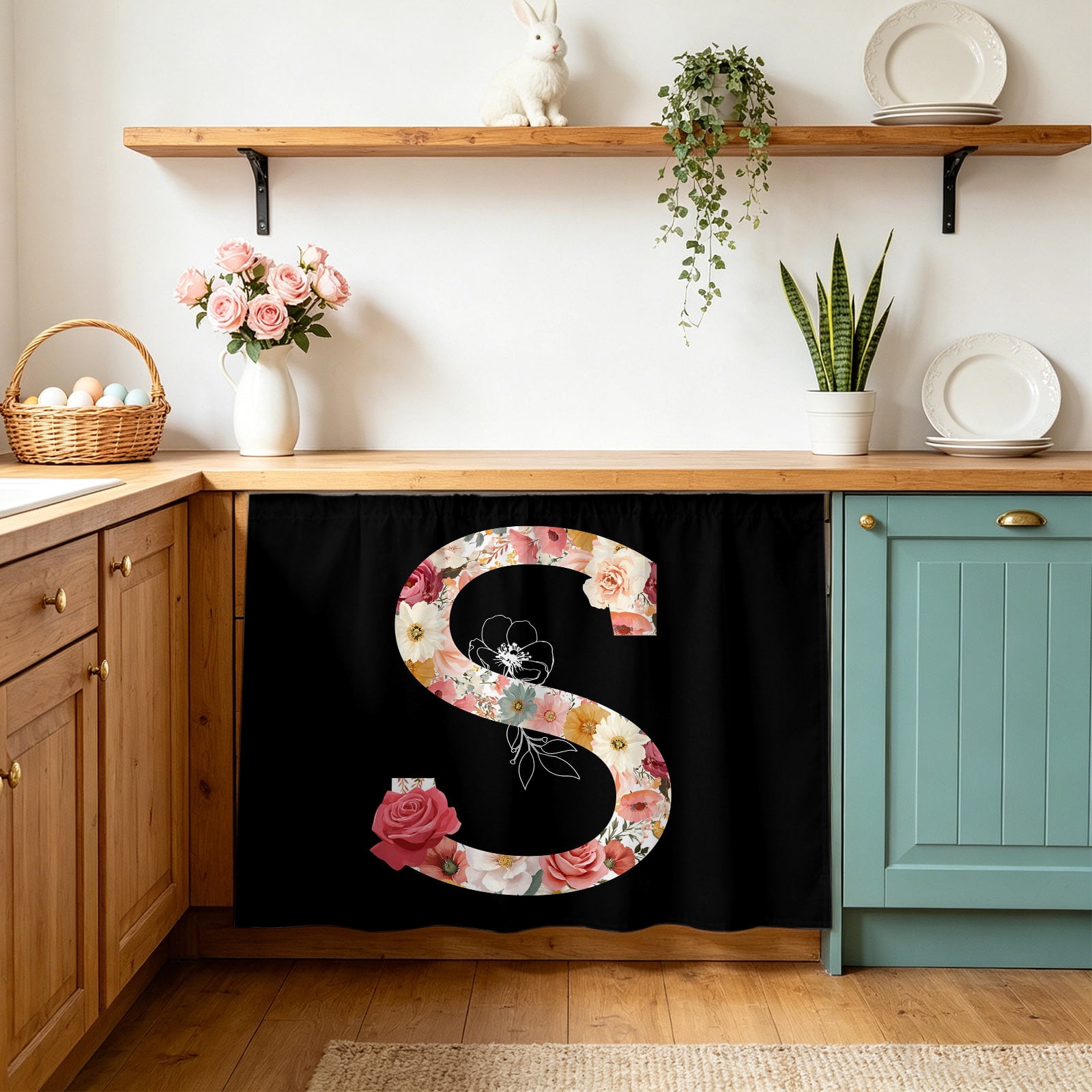 Black Letter S Flower Cabinet Curtains 28" W x 35" L Watercolor ...