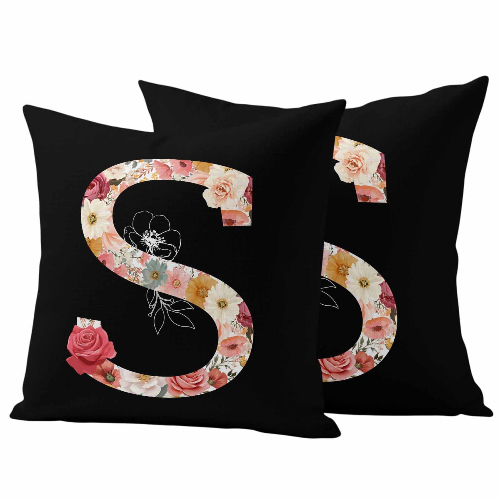 Black Letter S Flower Outdoor Pillow Covers Set of 2 Watercolor ...