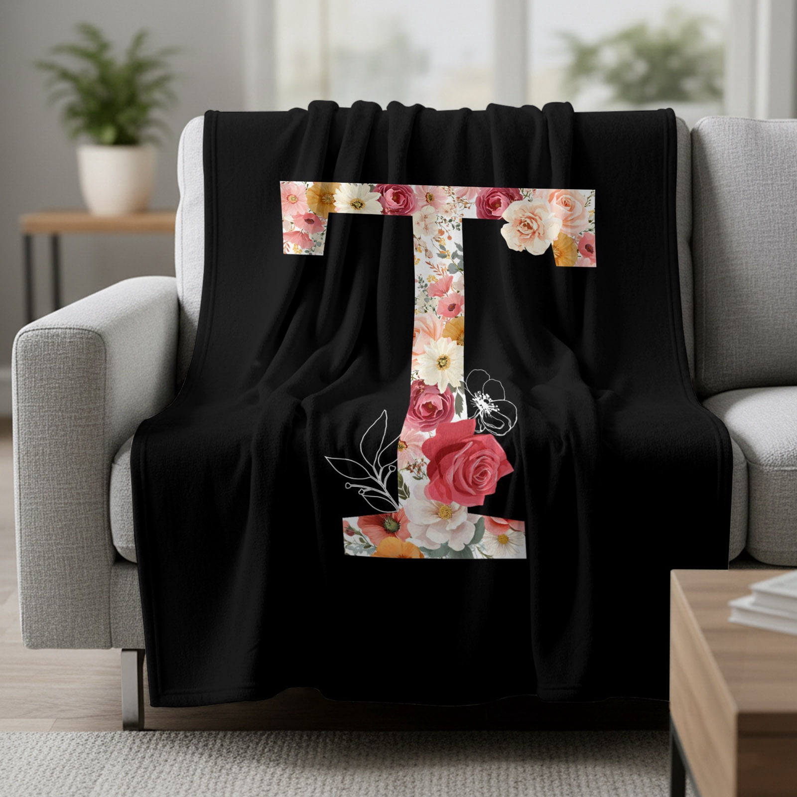 Black Letter T Flower Fleece Throw Blanket Watercolor Alphabet T Pink ...