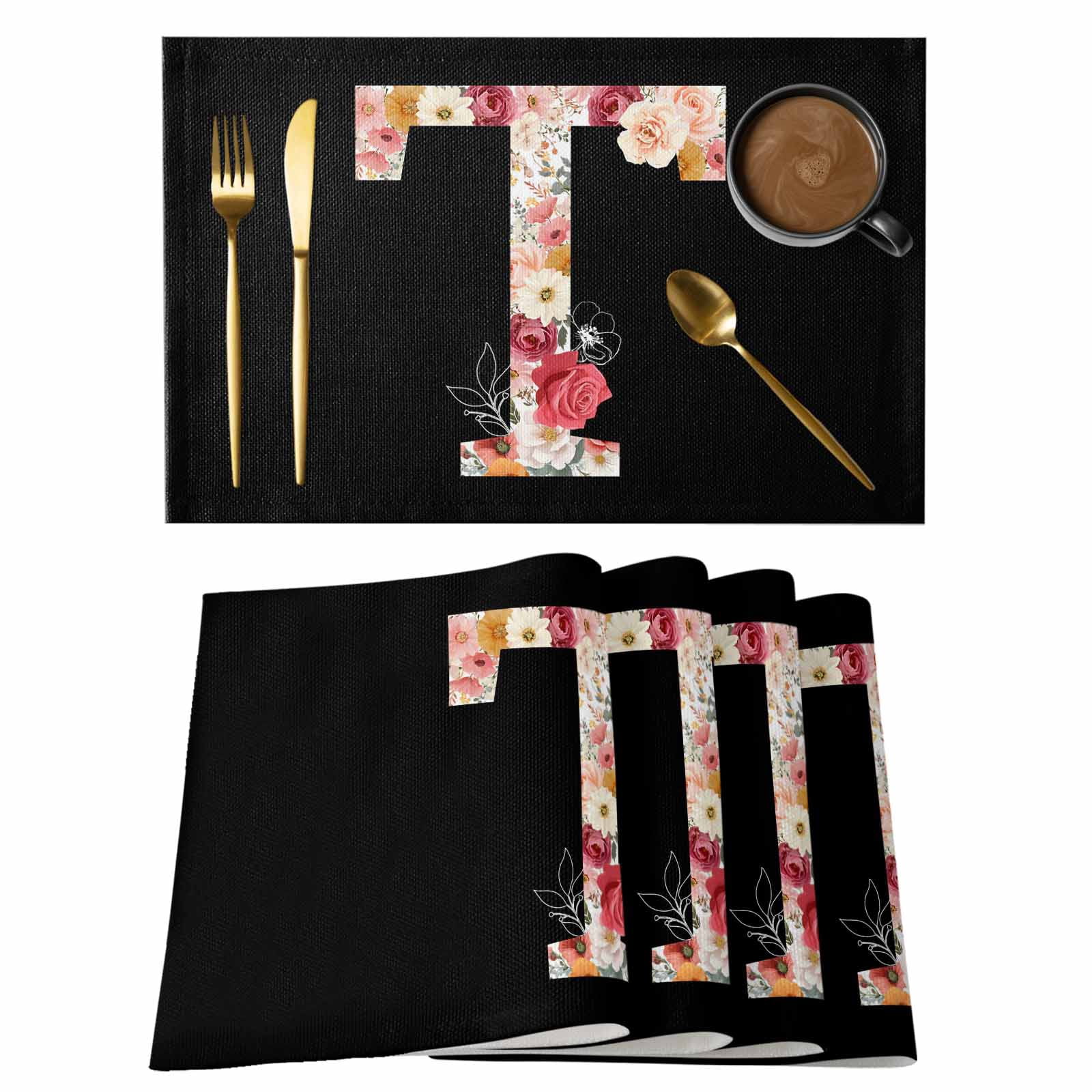 Black Letter T Flower Placemats Set of 2, Watercolor Alphabet T Pink ...