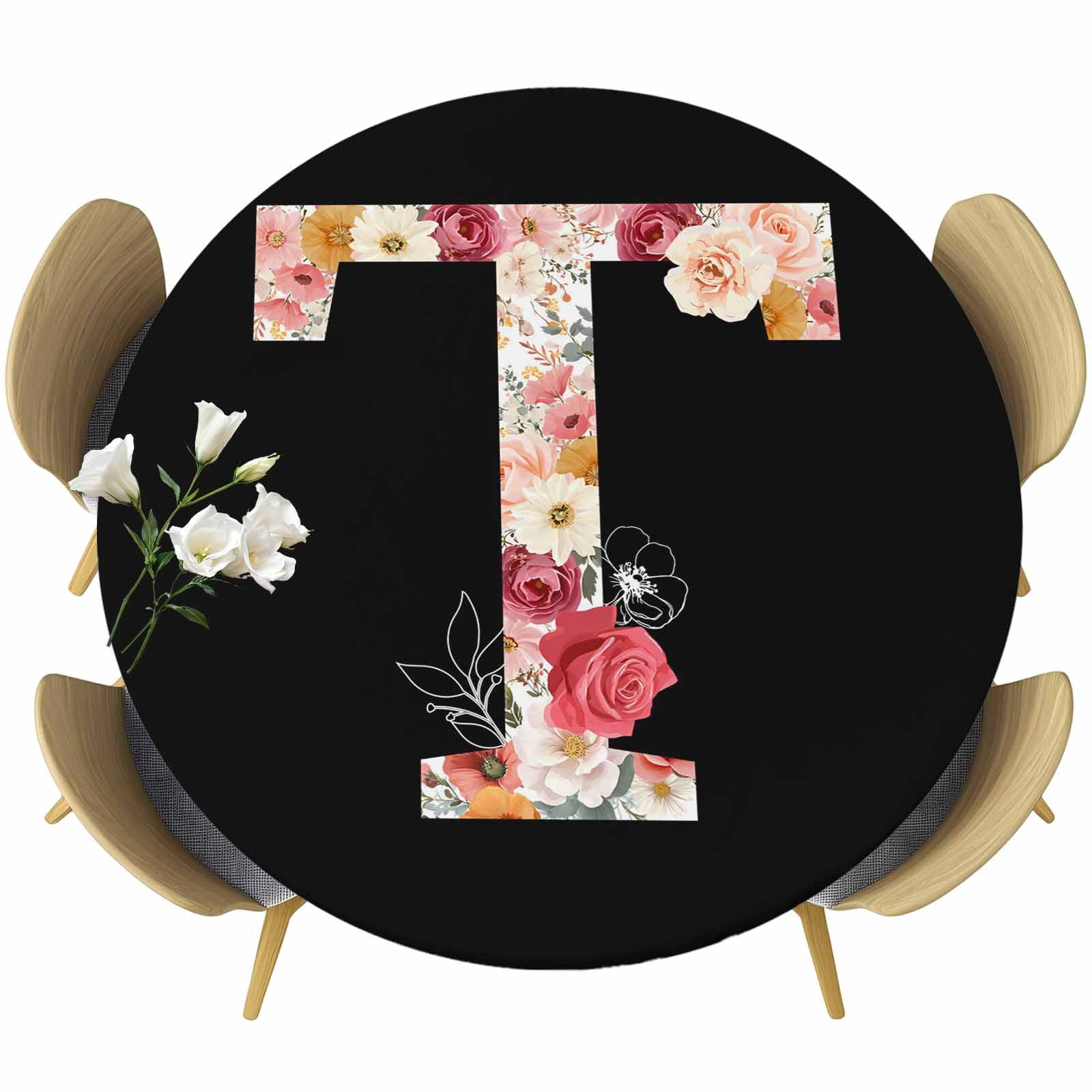 Black Letter T Flower Round Fitted Tablecloth with Elastic Edge ...