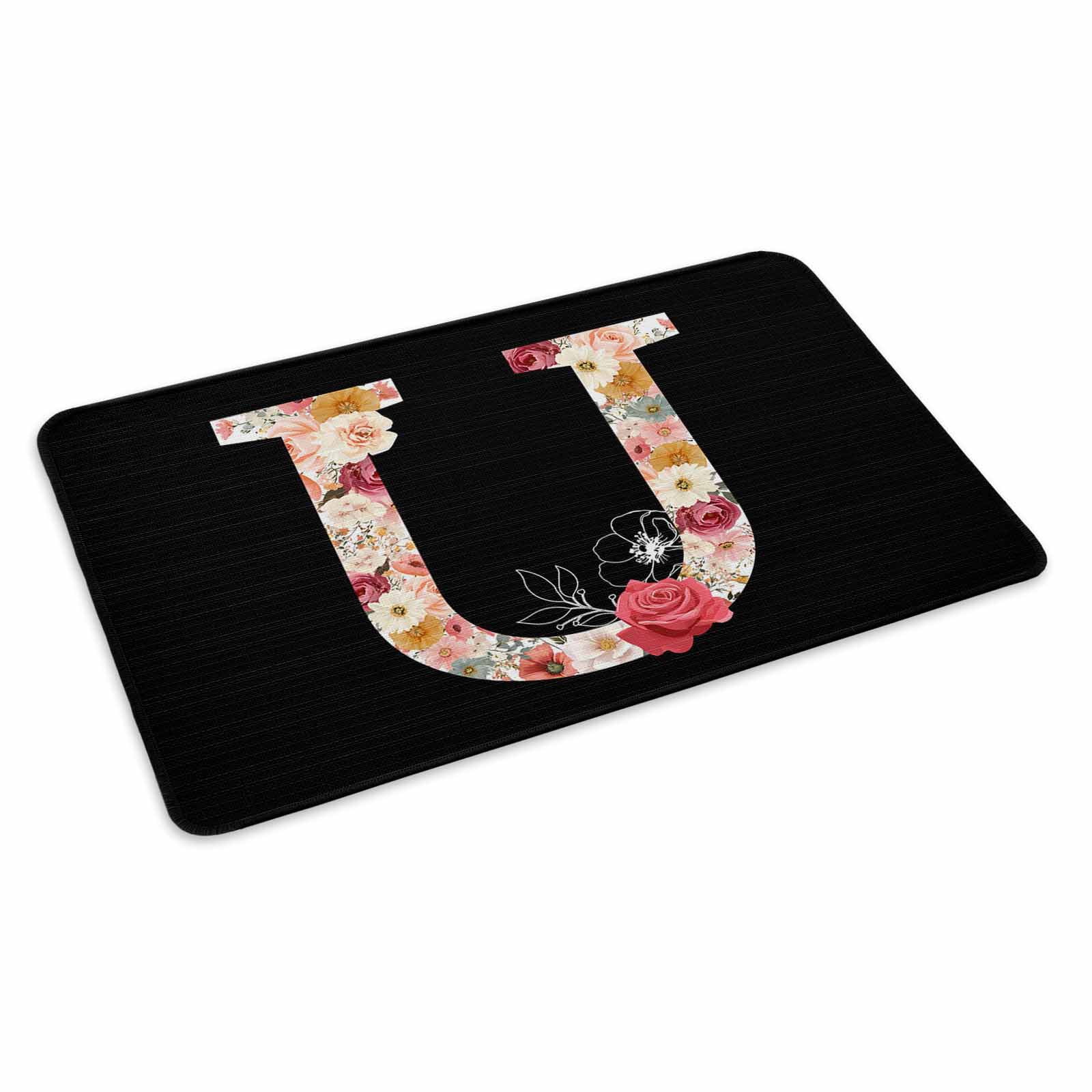 Black Letter U Flower Doormat Watercolor Alphabet U Pink Beige Floral ...
