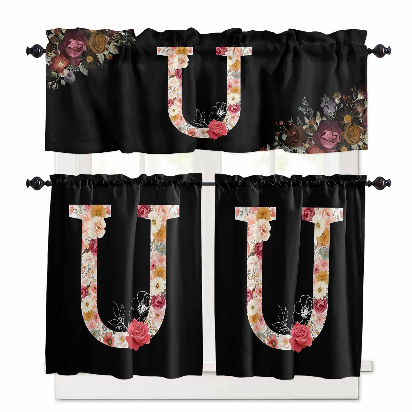 Black Letter U Flower Kitchen Curtains Valance and Tier Set Watercolor ...