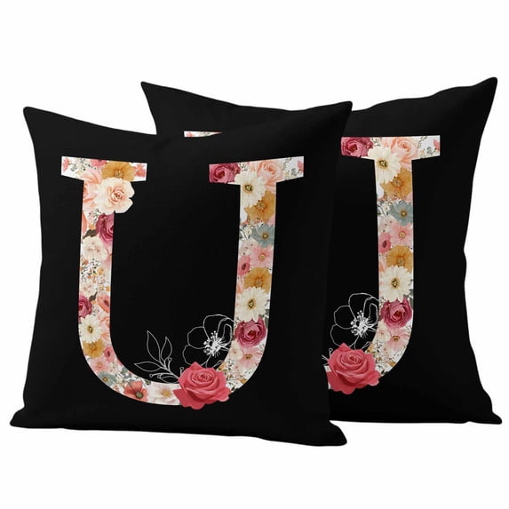 Black Letter U Flower Outdoor Pillow Covers Set of 2 Watercolor ...