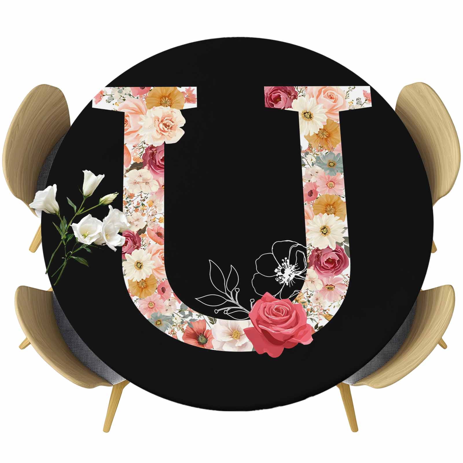 Black Letter U Flower Round Fitted Tablecloth with Elastic Edge ...
