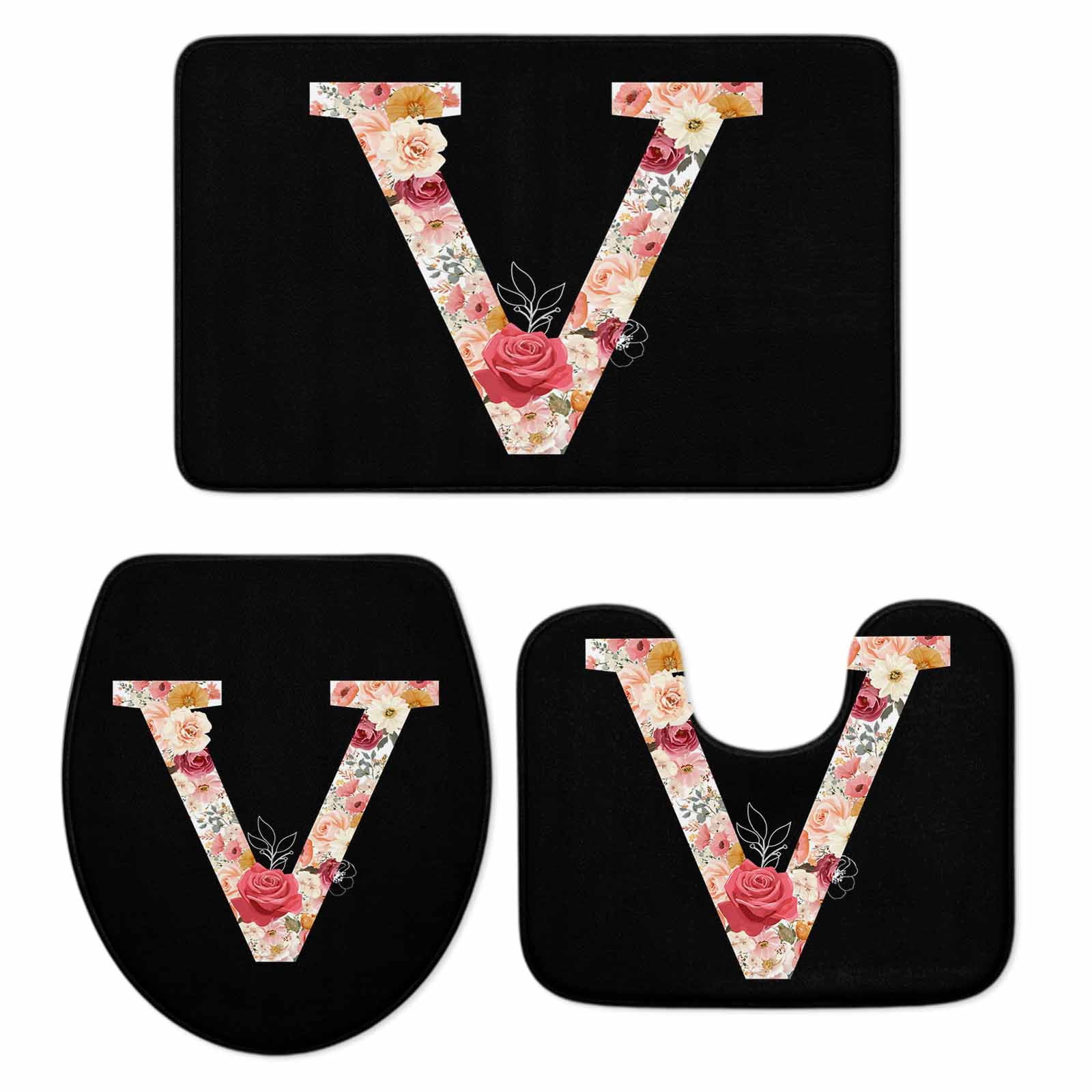 Black Letter V Flower Bathroom Rugs Set Watercolor Alphabet V Pink ...