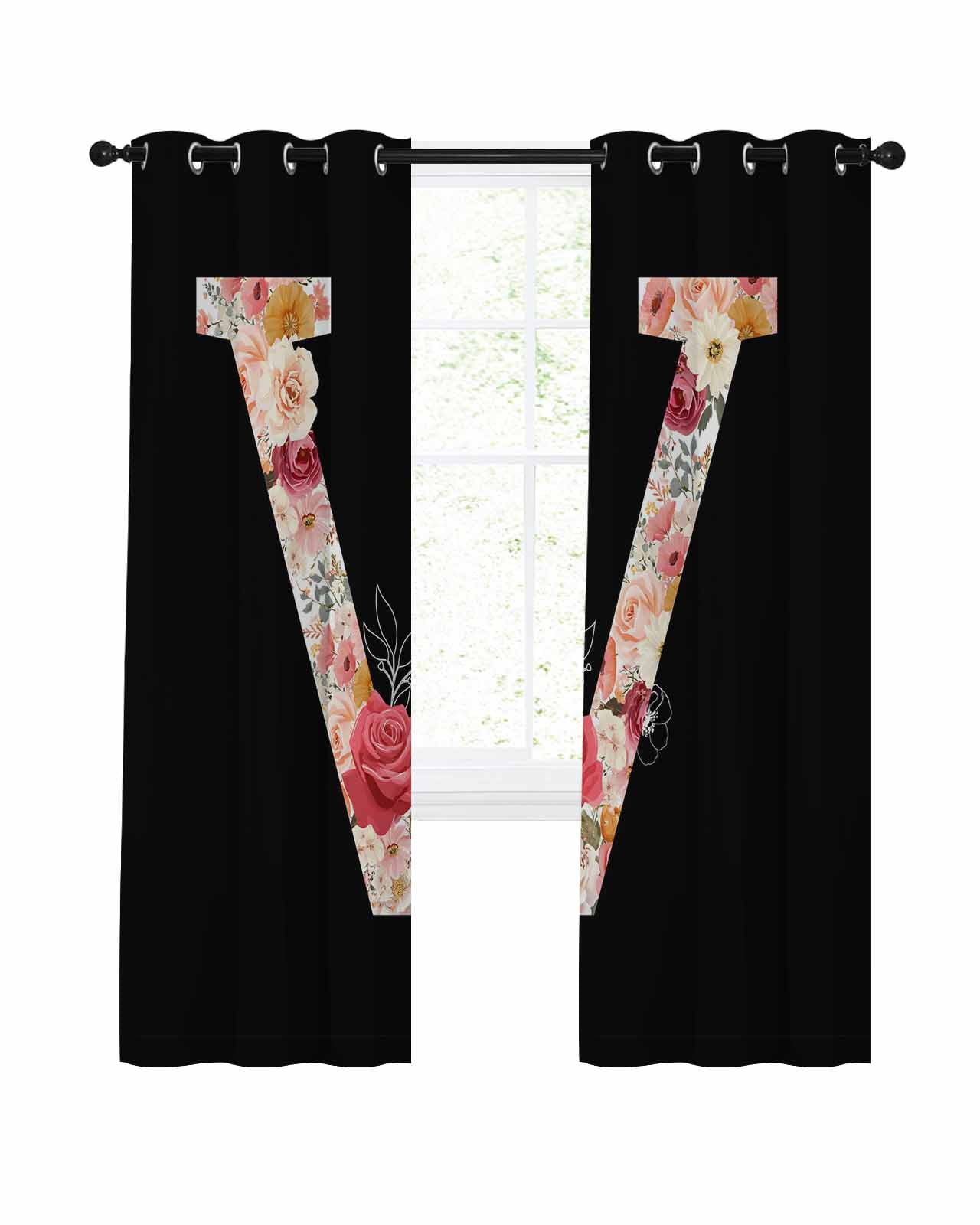 Black Letter V Flower Blackout Curtains for Bedroom Living Room ...