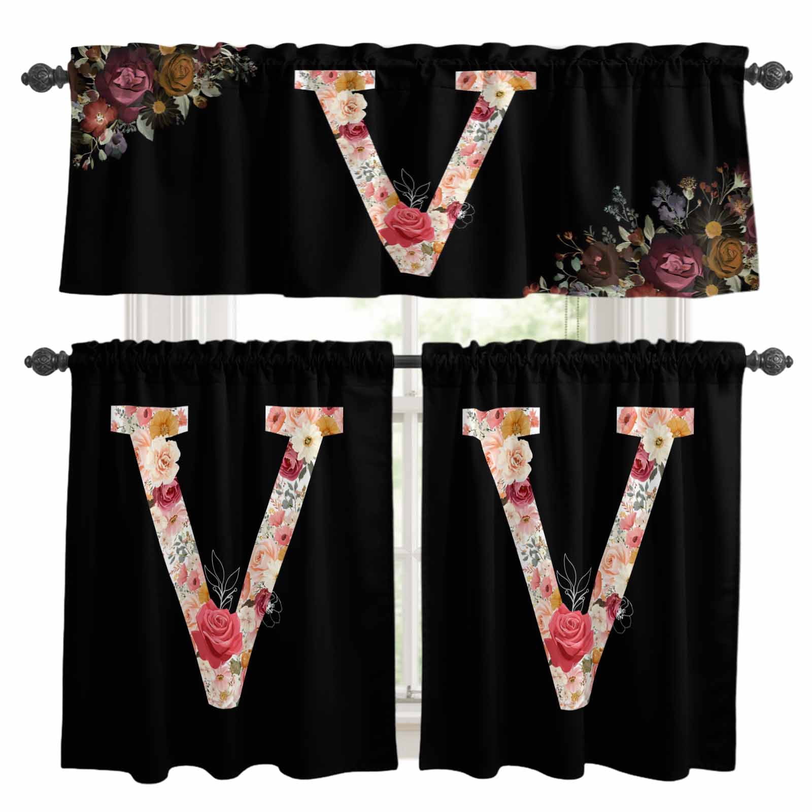 Black Letter V Flower Kitchen Curtains Valances and Tiers Set of 3 ...