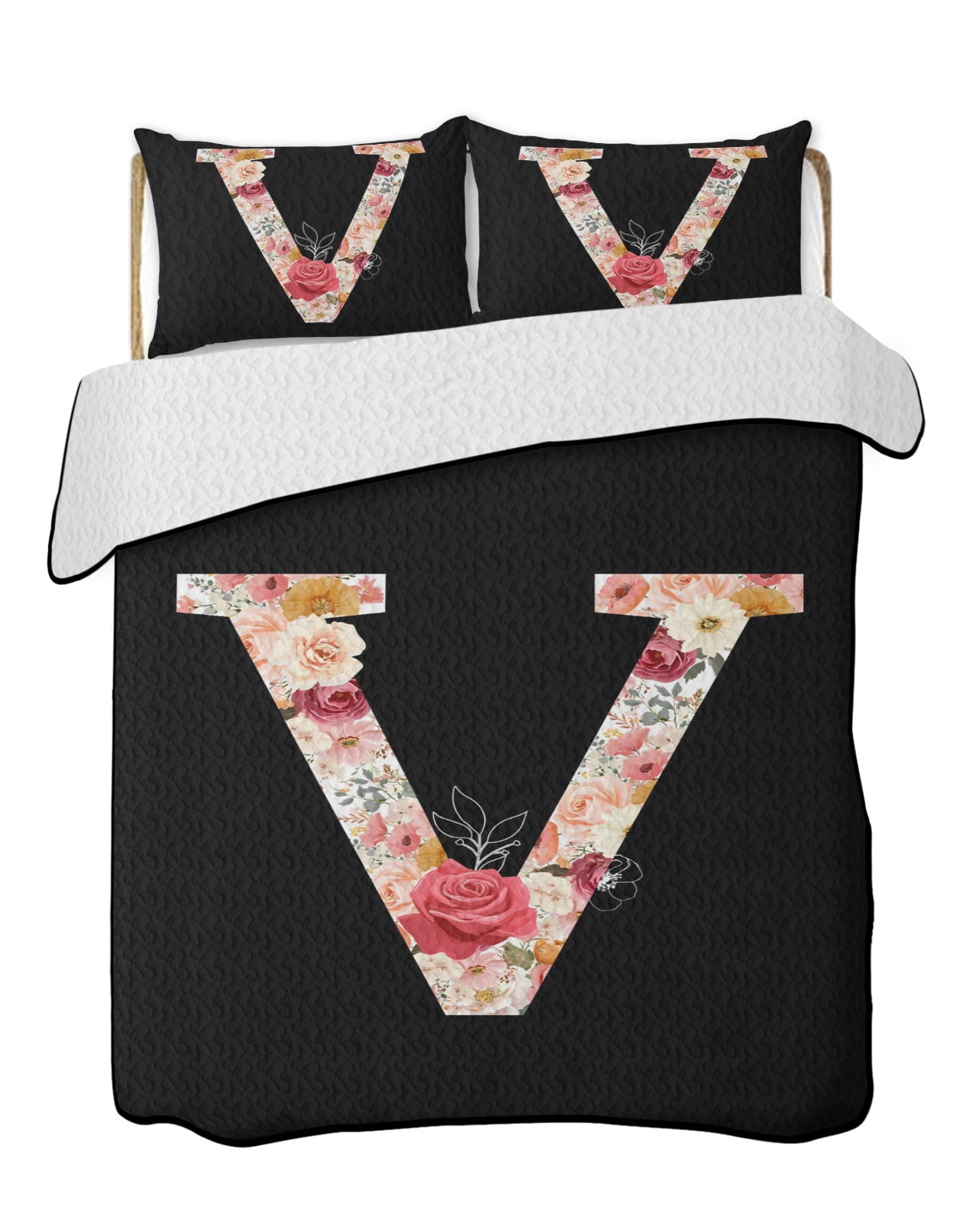 Black Letter V Flower Quilts Bedding Set Full Size Watercolor Alphabet ...