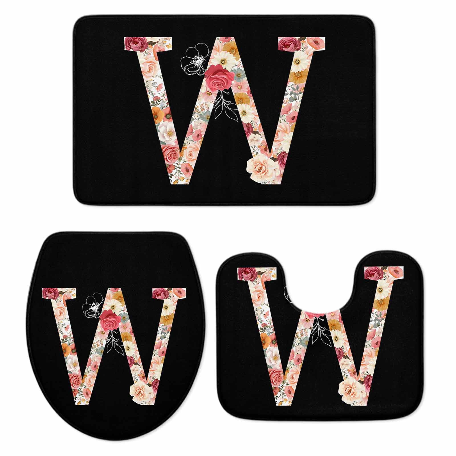 Black Letter W Flower Bathroom Rugs Set Watercolor Alphabet W Pink ...