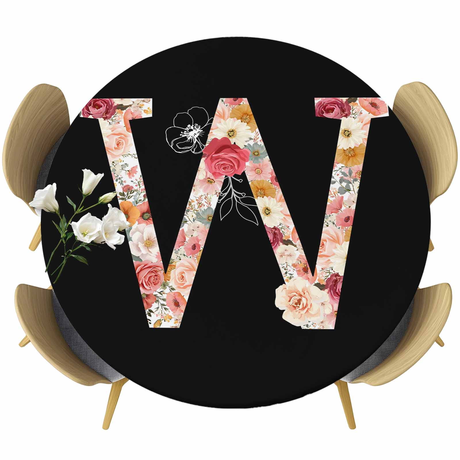 Black Letter W Flower Round Fitted Tablecloth with Elastic Edge ...
