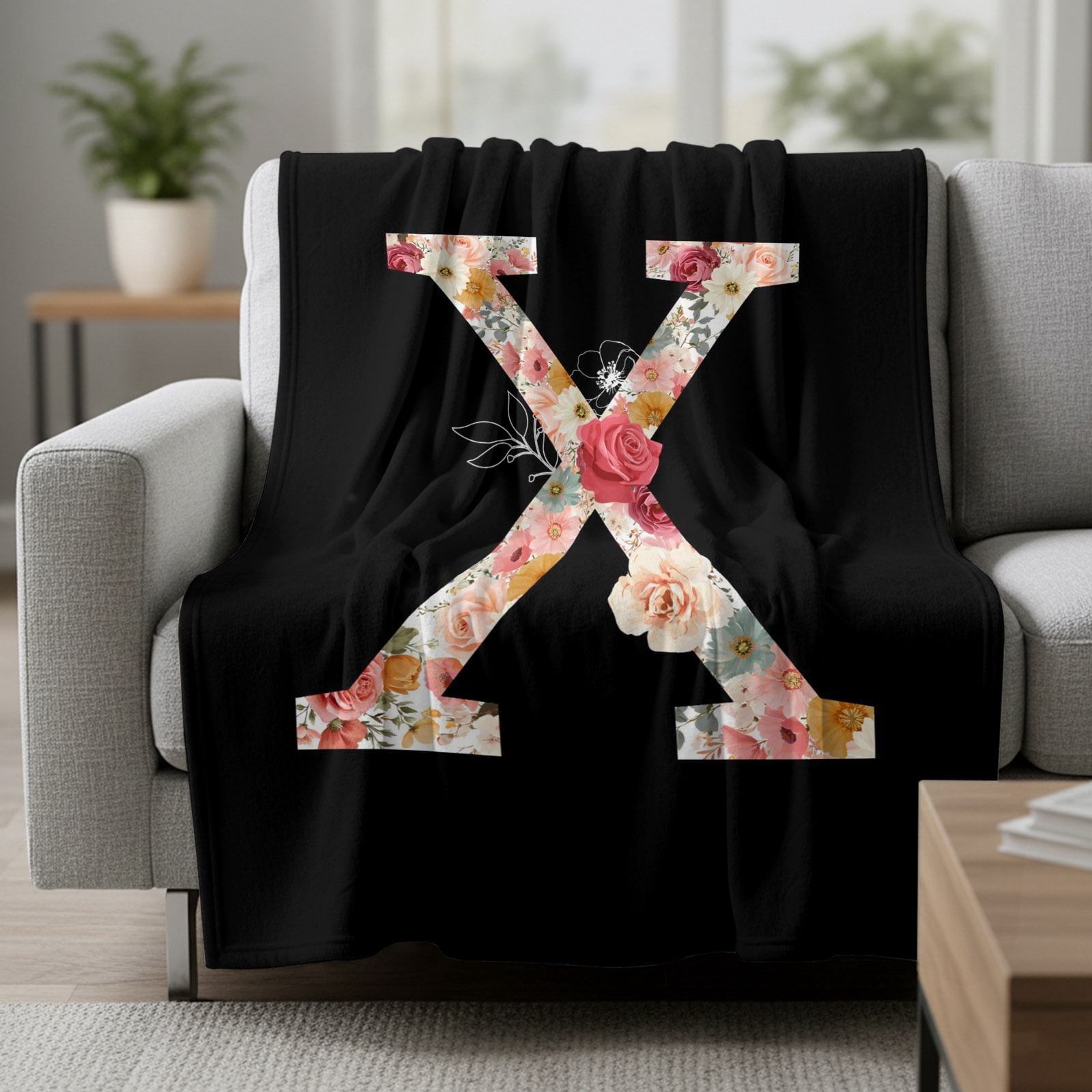Black Letter X Flower Fleece Throw Blanket Watercolor Alphabet X Pink ...