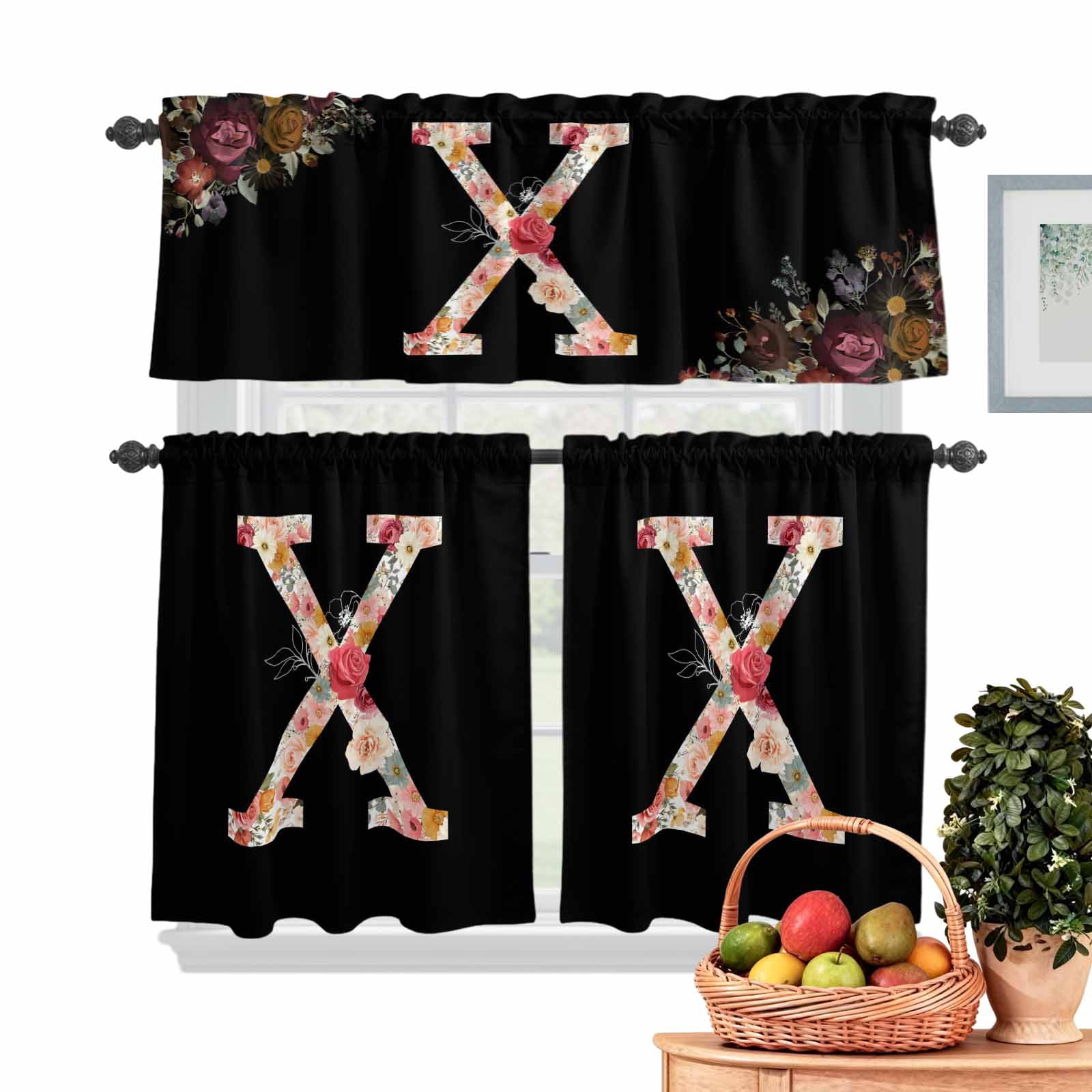Black Letter X Flower Kitchen Curtains Valances 3 Piece Set, Watercolor ...