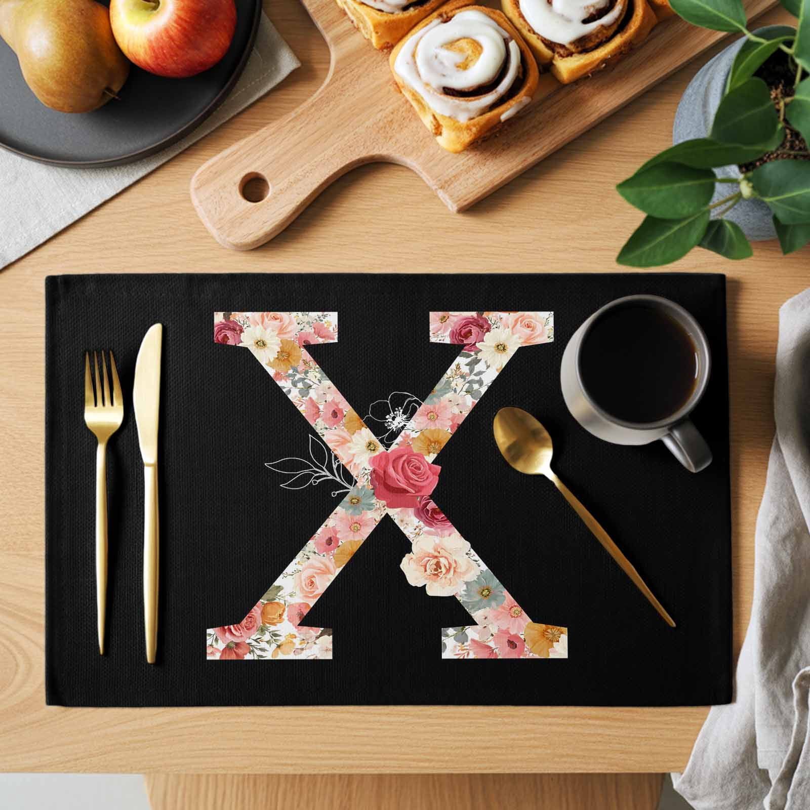 Black Letter X Flower Placemats Set of 8, Watercolor Alphabet X Pink ...