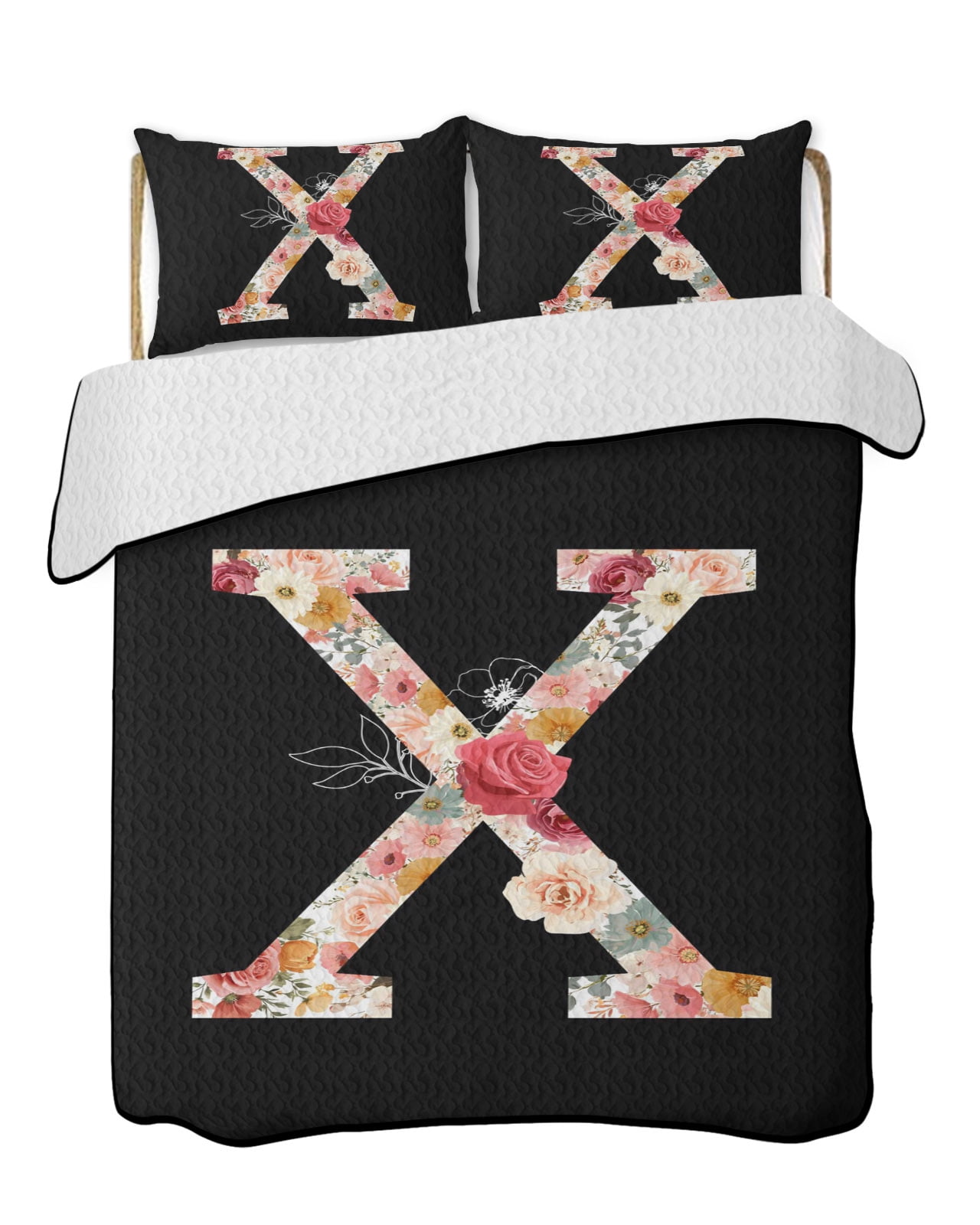 Black Letter X Flower Quilts Bedding Set Full Size Watercolor Alphabet ...