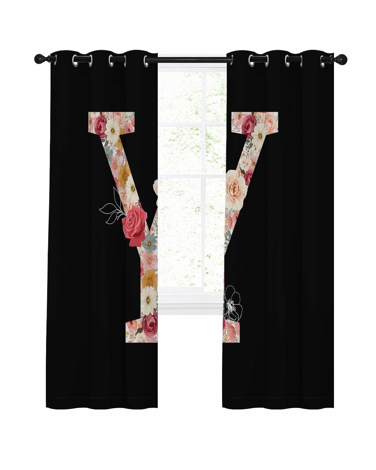 Black Letter Y Flower Blackout Curtains for Bedroom Living Room ...