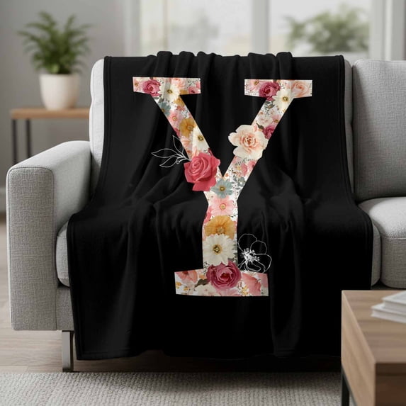 Black Letter Y Flower Fleece Throw Blanket Watercolor Alphabet Y Pink ...