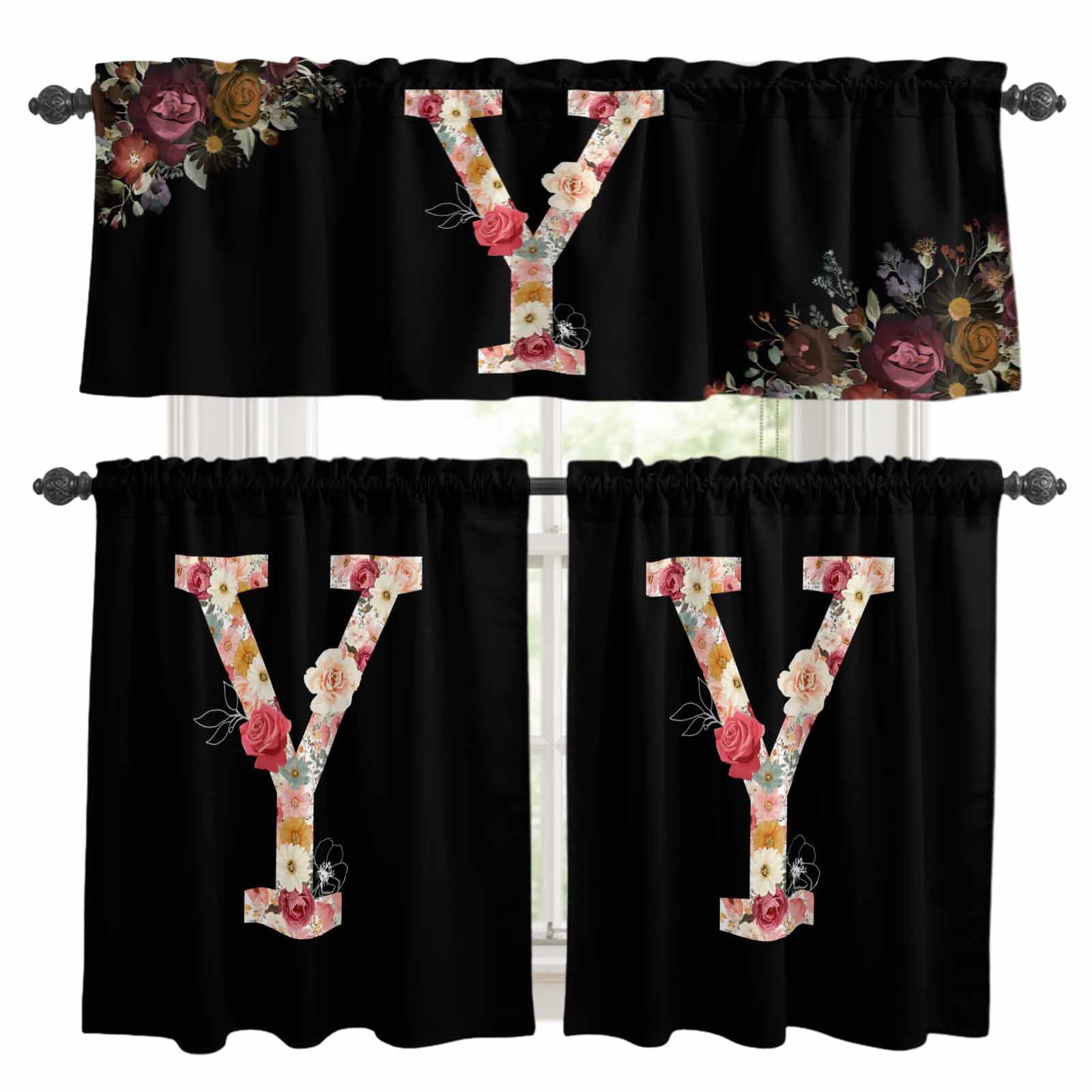Black Letter Y Flower Kitchen Curtains Set for Windows, Watercolor ...