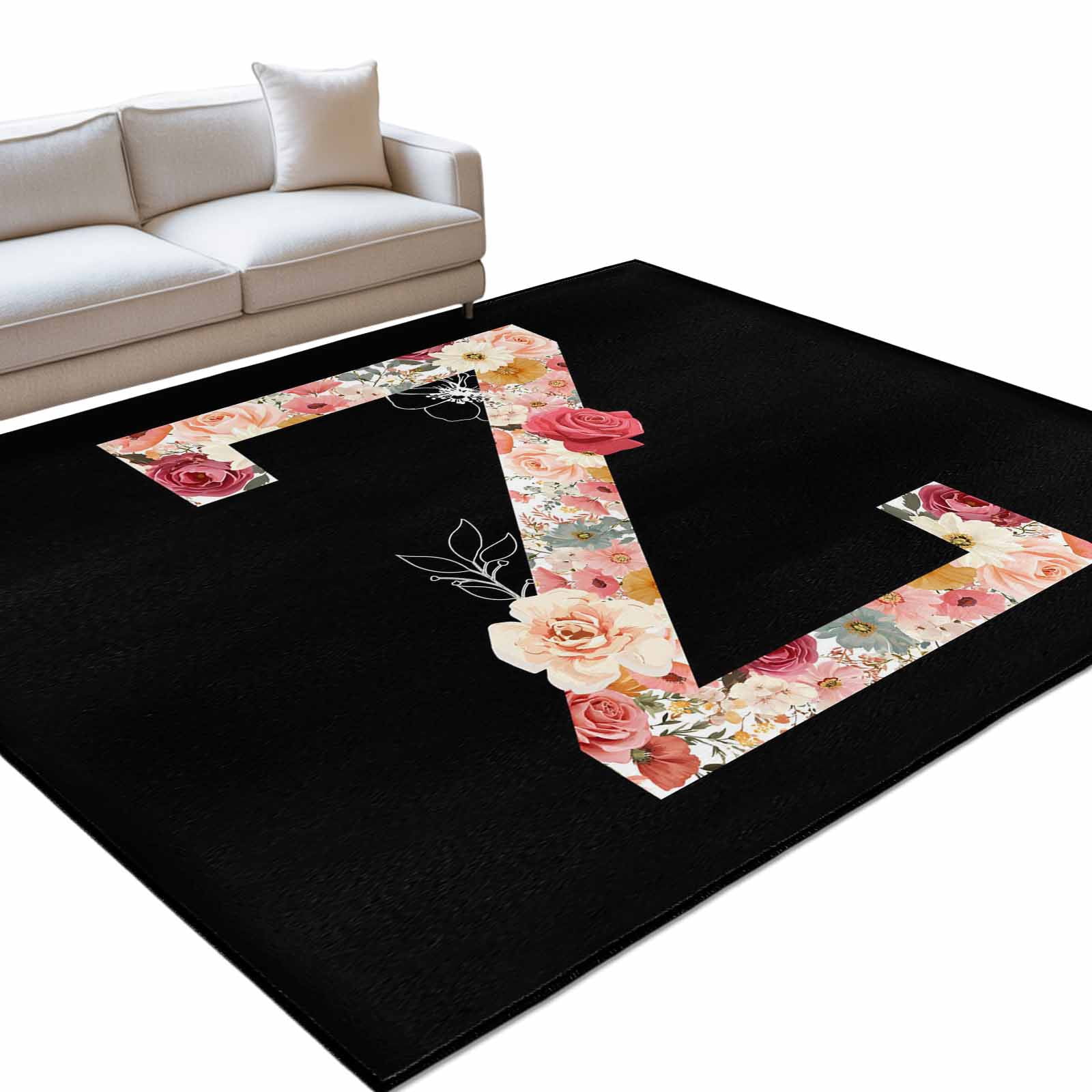 Black Letter Z Flower 3x5ft Non Slip Area Rug Watercolor Alphabet Z ...