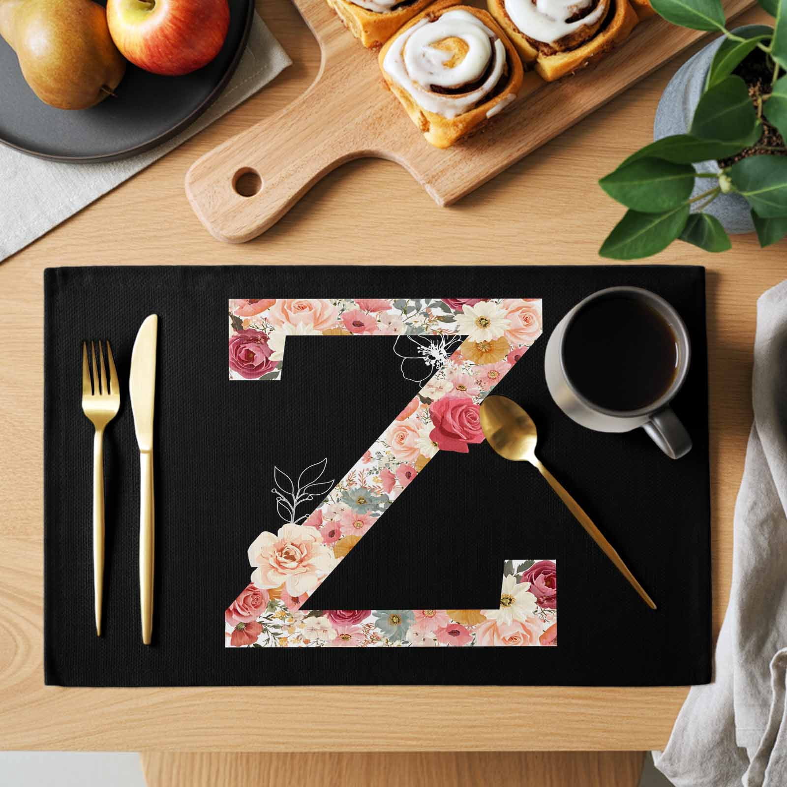Black Letter Z Flower Placemats Set of 1, Watercolor Alphabet Z Pink ...