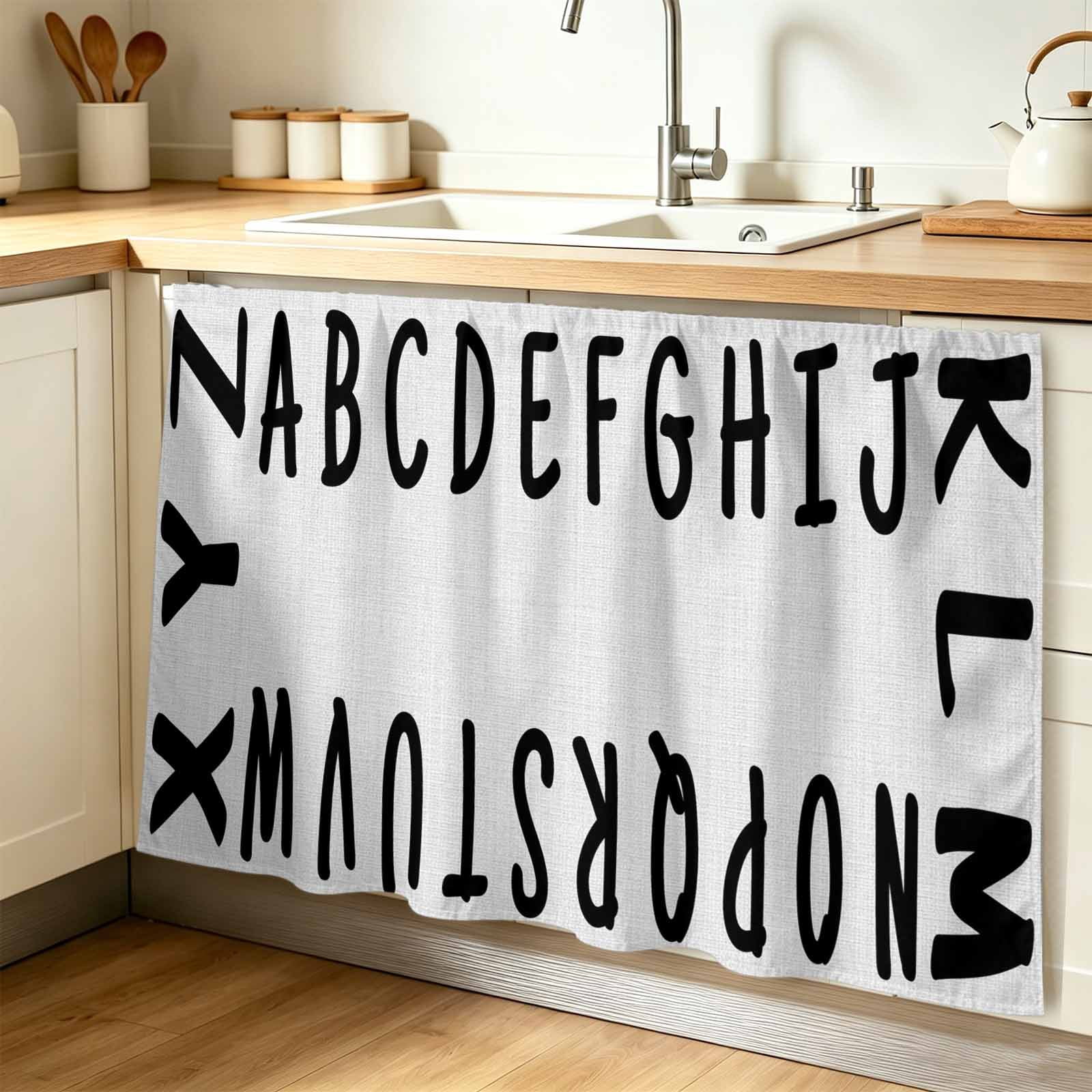 Black Letters Cabinet Curtain 28"W x 51"L, Modern Minimalist Style Grey ...