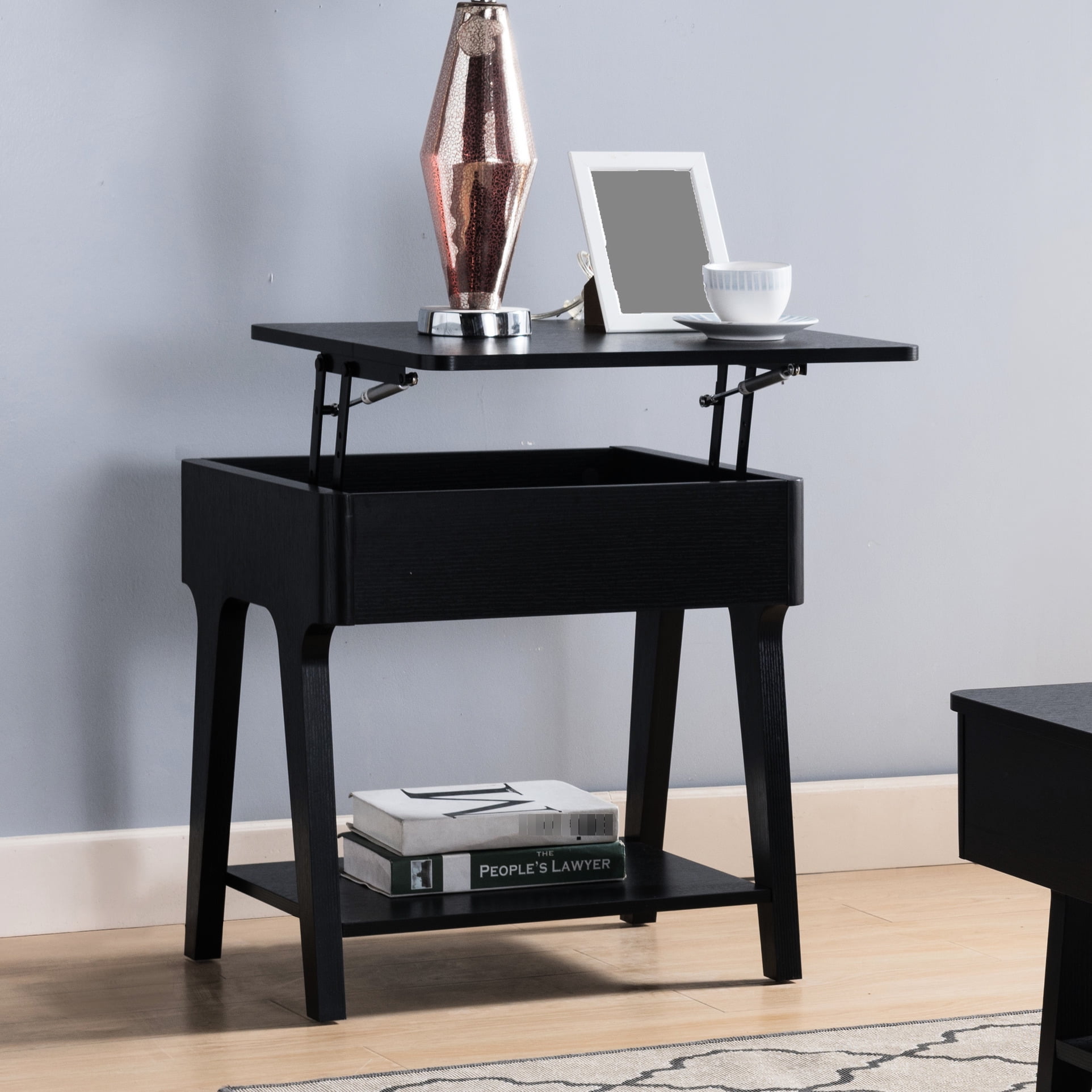 Black Lift Tabletop End Table With Concealed Storage Attribute And Open ...