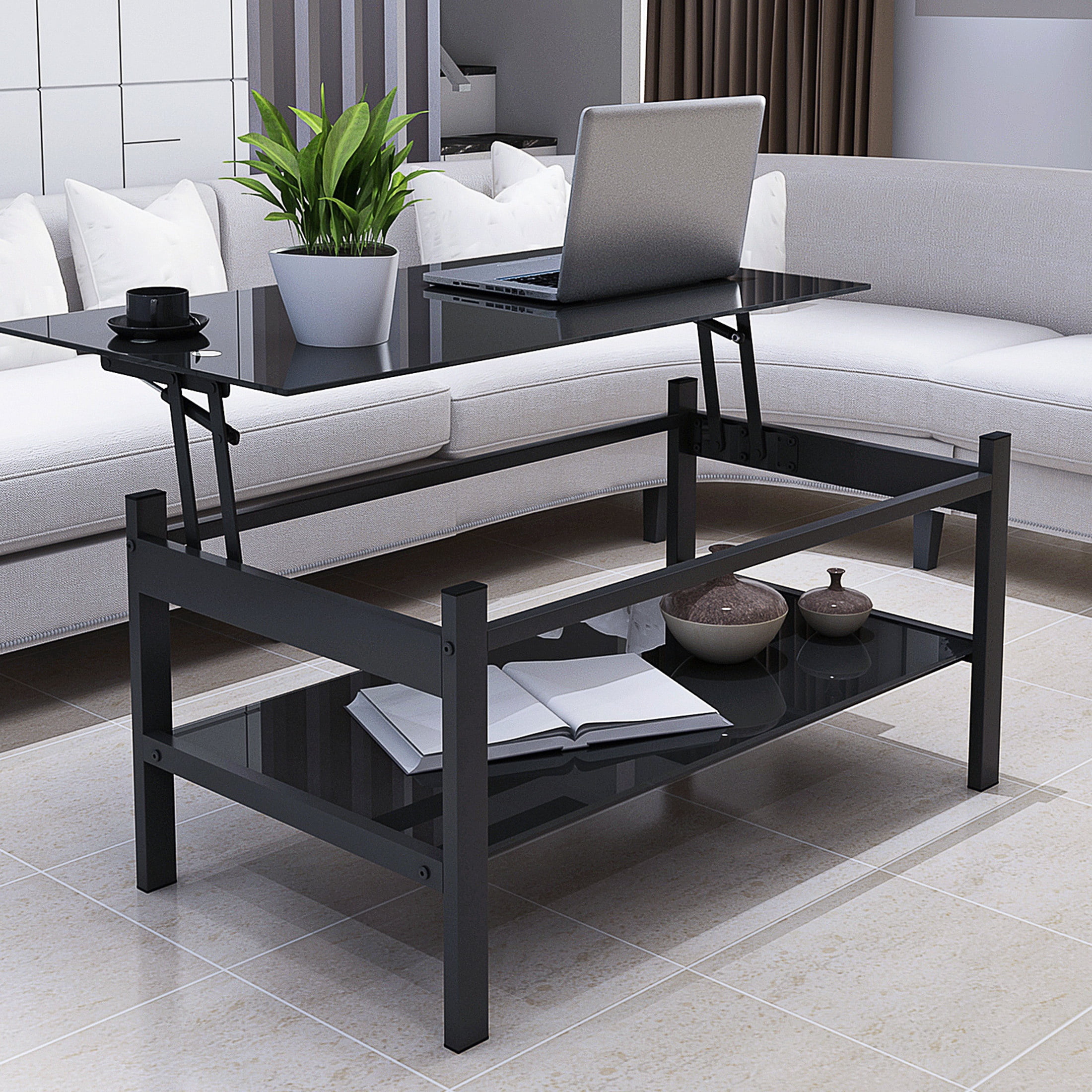 Black Lift Top Coffee Tables for Living Room with Tempered Glass ...