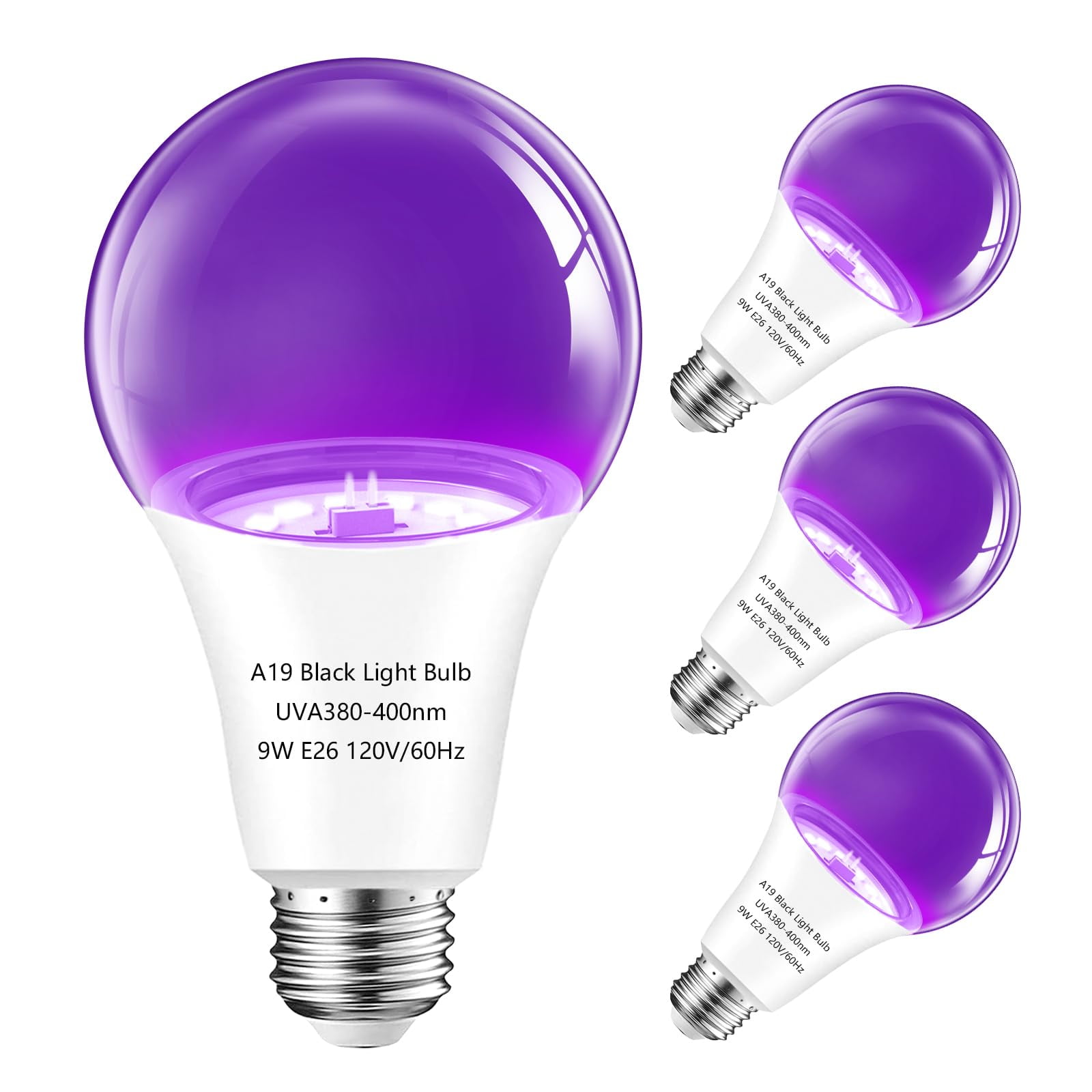 Black Light Bulbs, A19 9W (75Watt Equivalent) E26 Base LED Blacklight ...