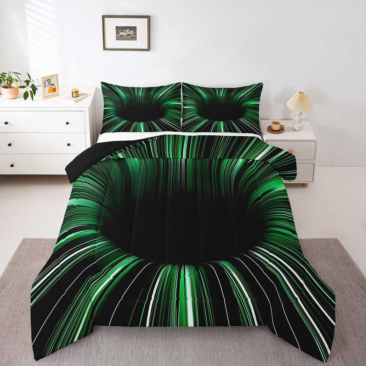 Black Light Green Comforter Set 3D Black Hole Illusion Geometric ...