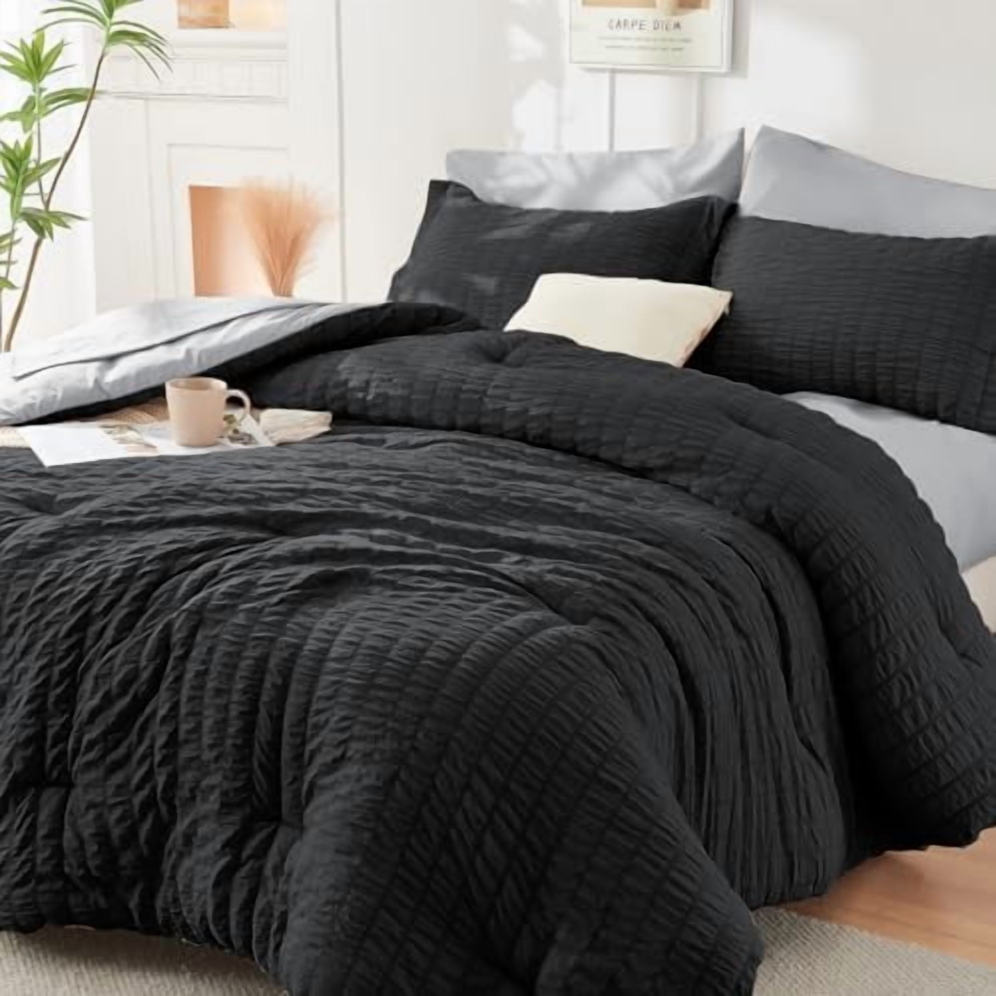 Black/Light Grey Twin Comforter Set Seersucker 5 Pieces, All Season ...
