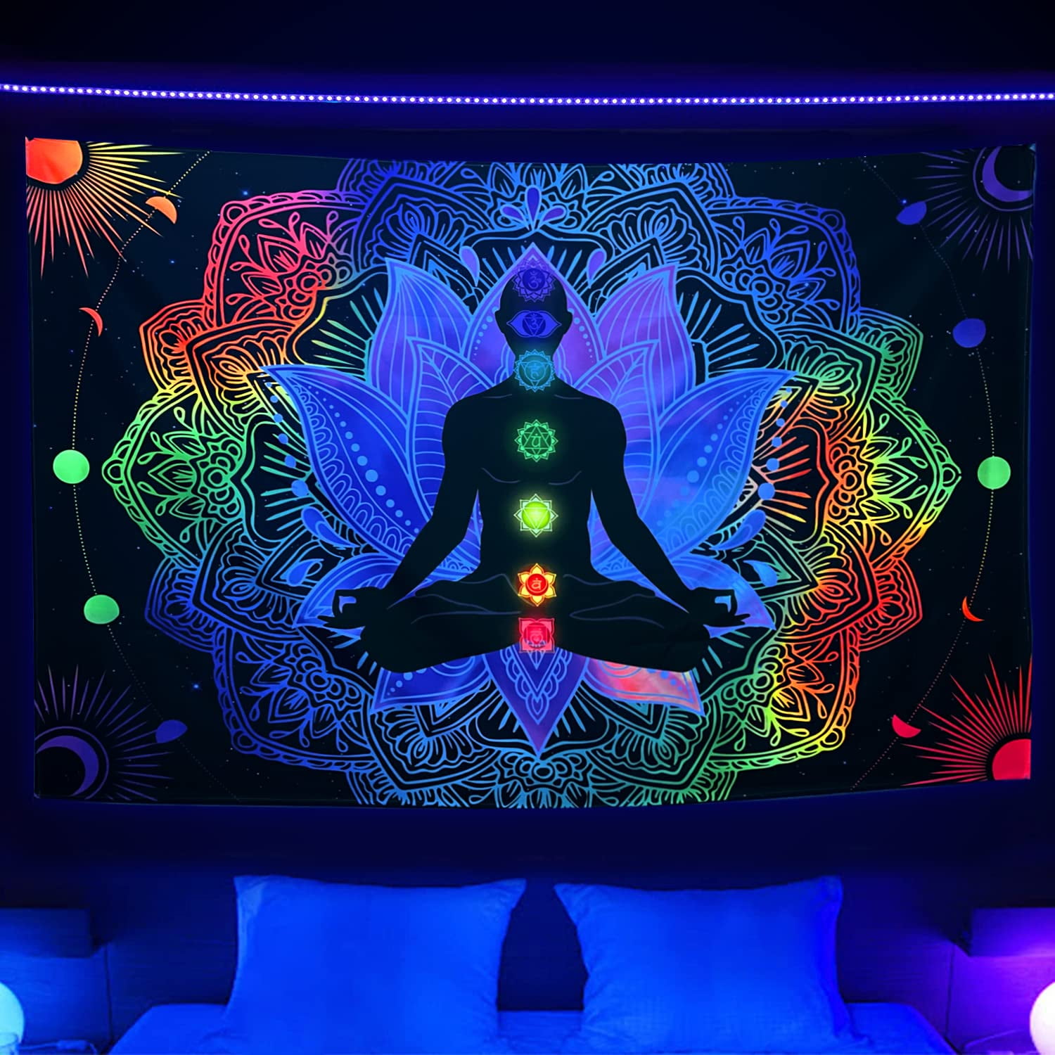 UV Reactive Black Light Meditation Tapestry, Hippie Mandala Boho Wall ...
