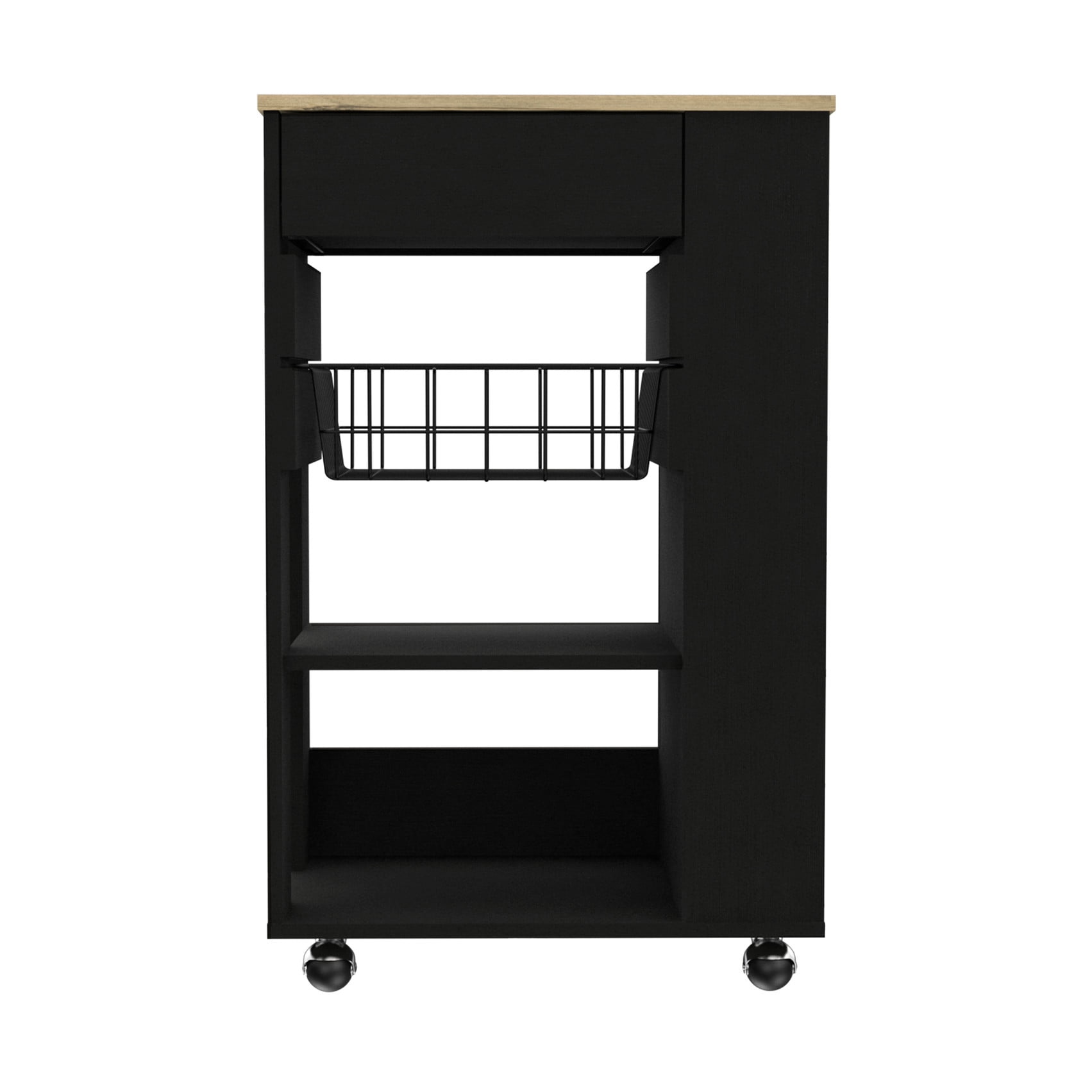 Black/Light Oak Kitchen Cart with Four Wheels and Two Shelves ...