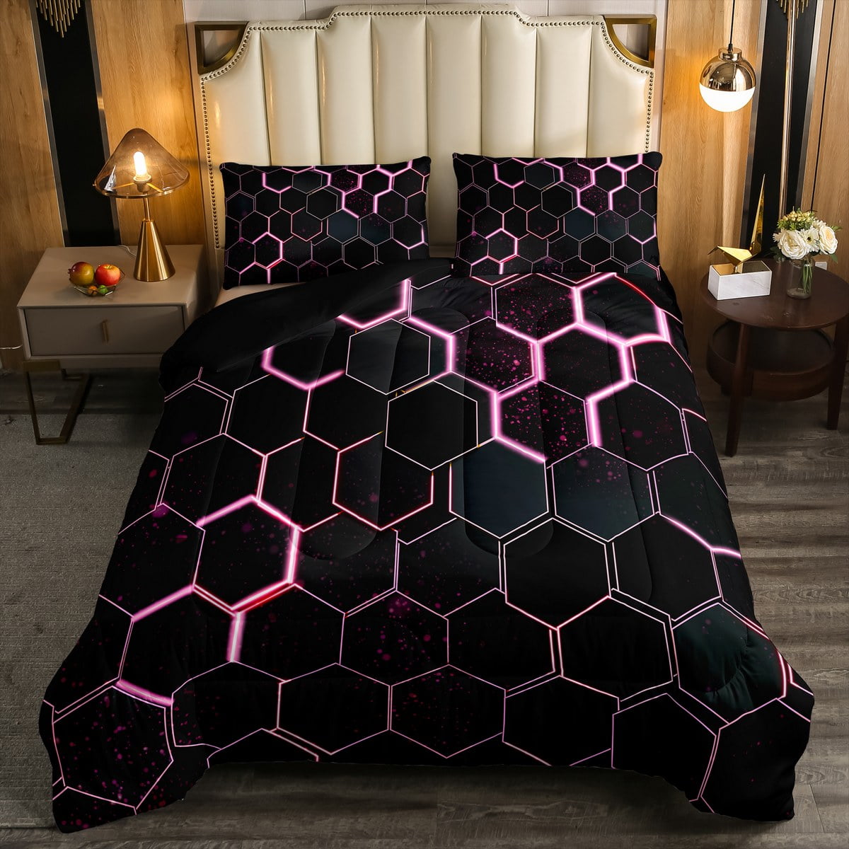 Black Light Pink Honeycomb Comforter Set Neon Hexagon Bedding Comforter ...