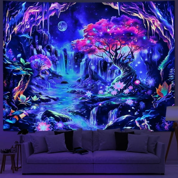 Black Light Tree of Life Tapestry UV Reactive Mountain Waterfall ...