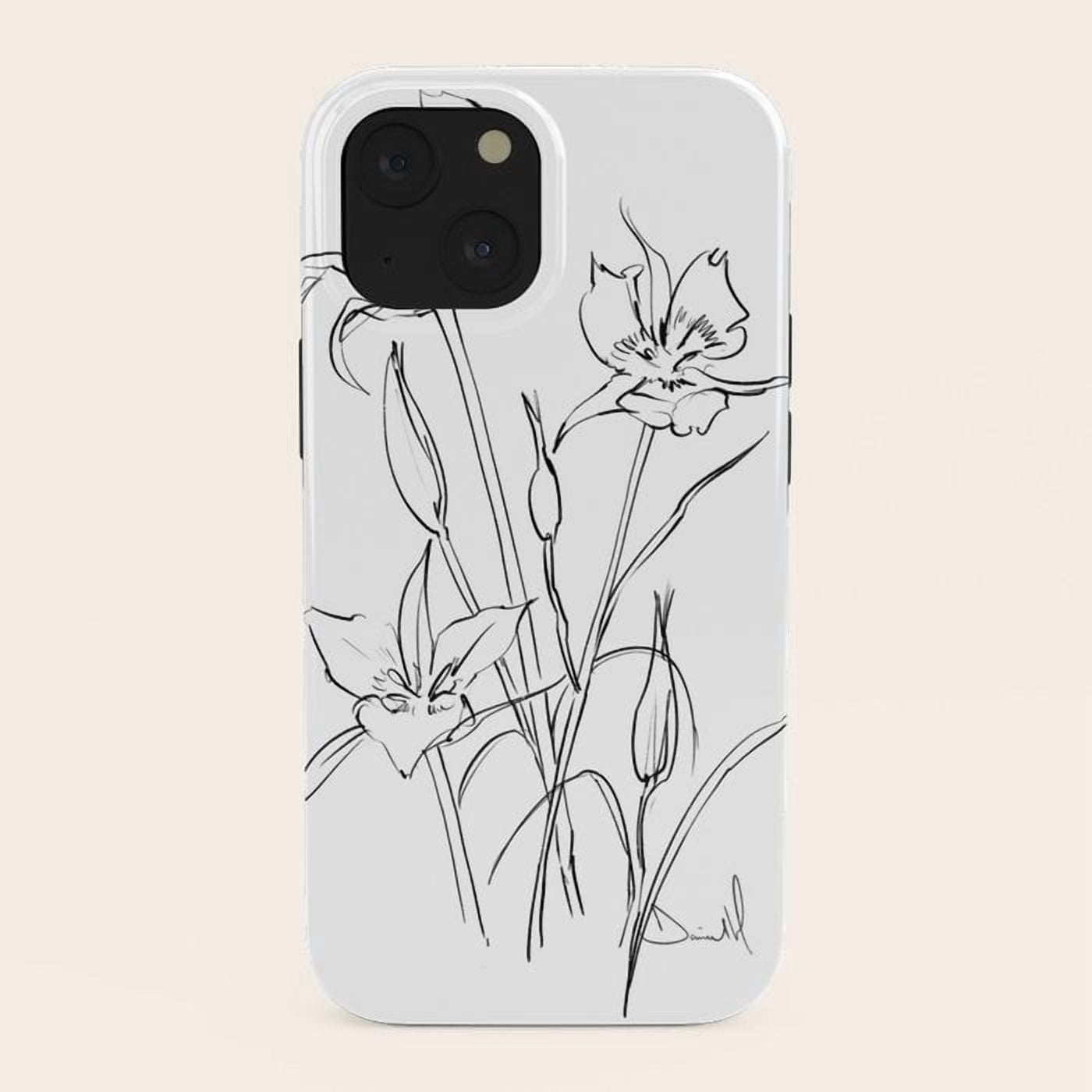 Black Line Art Wildflowers on White Tough Case for Apple iPhone Series ...