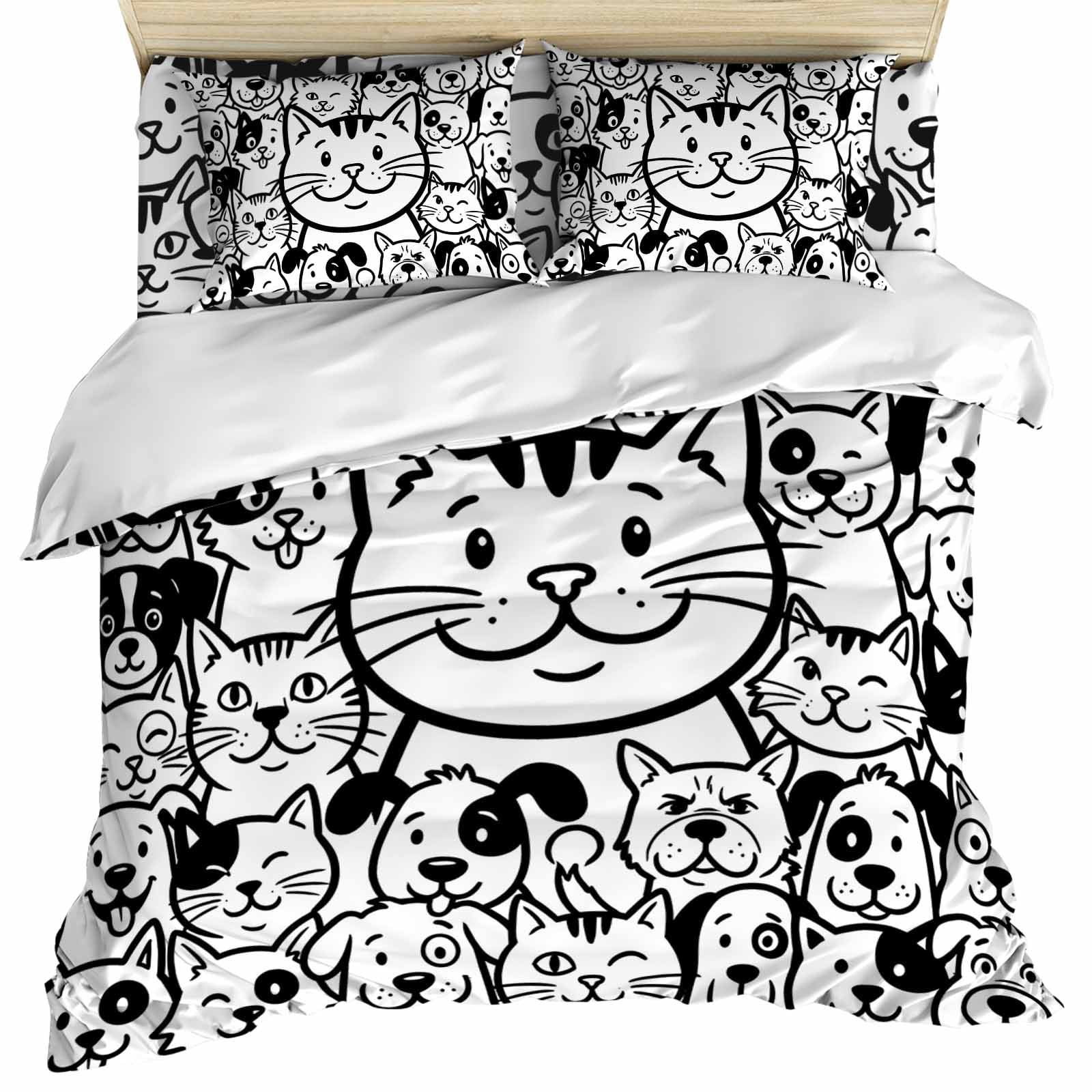 Black Line Dog Cat Set of 4 Bedding Quilt Covers, Cartoon Cute Animals ...