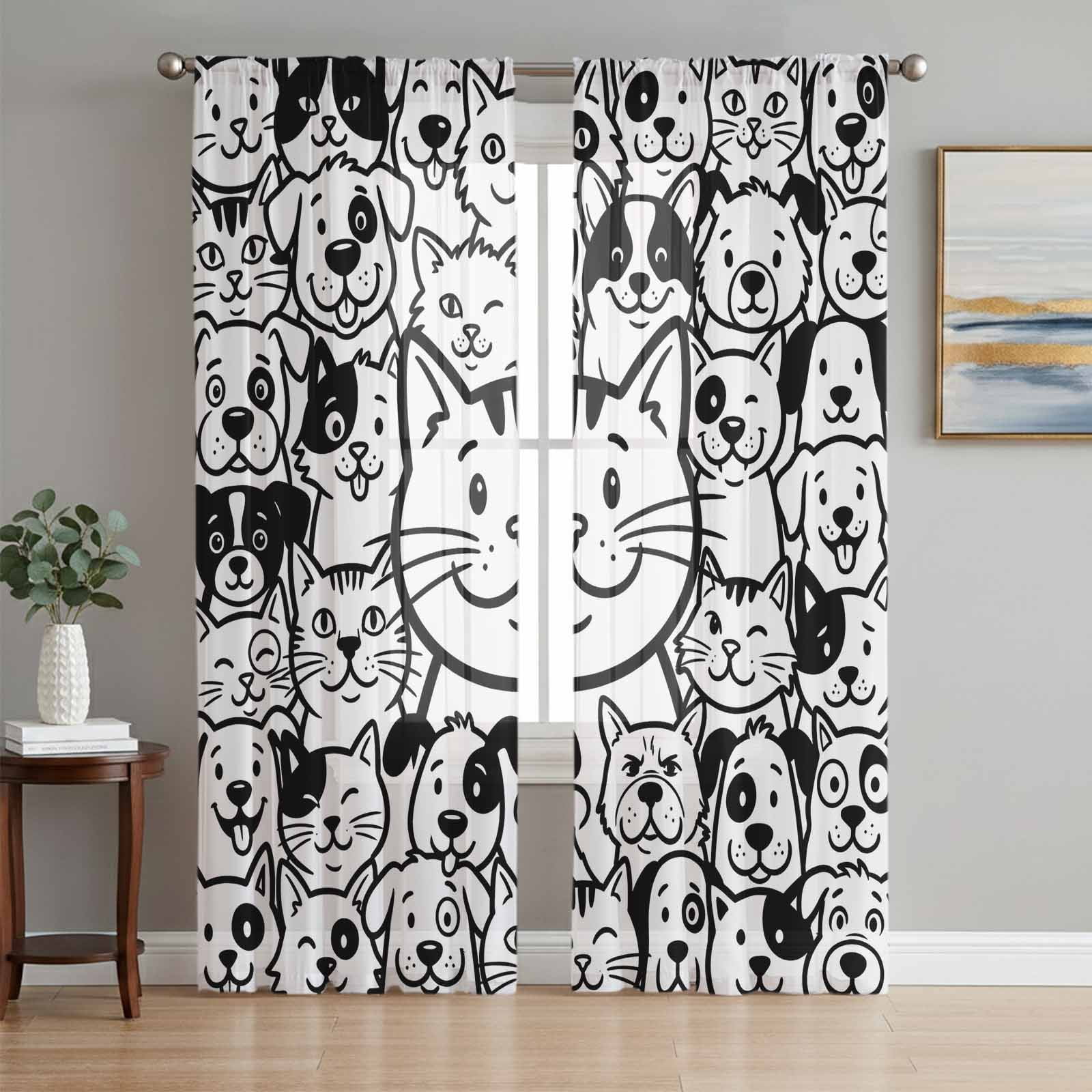 Black Line Dog Cat Sheer Curtains for Living Room Bedroom Cartoon Cute ...