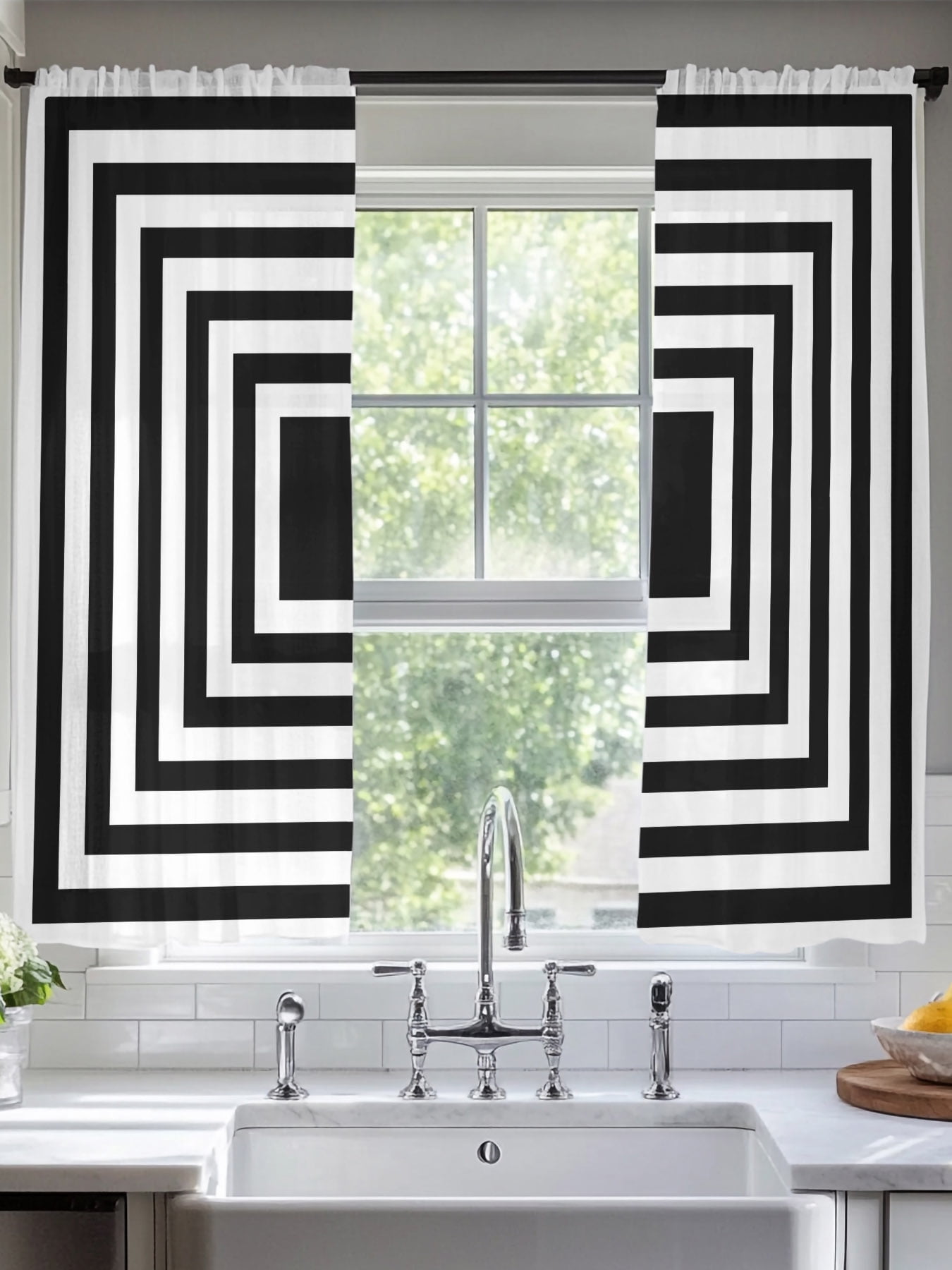 Black Line Square Stripes Chiffon Sheer Curtains 72 Inches Long Modern ...